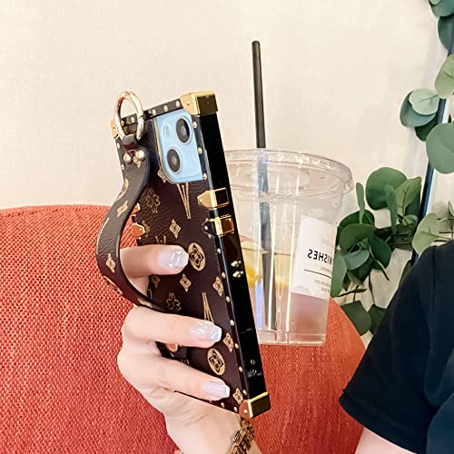 TRODINO Square Leather iPhone 14 Pro Max Case with Wristband Strap, Luxury Designer Trunk Box Phone Case for Women Girls, Hand Holder Ring Kickstand Shockproof Protective Bumper Case 6.7” (Brown)