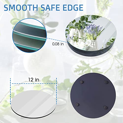 VASUHOME 12" Round Mirror Centerpieces for Tables, Mirror Tray Set for Wedding and Party Decorations, Circle Mirror Plates with Smooth Edge and Cushioned Feet, 2mm Thick