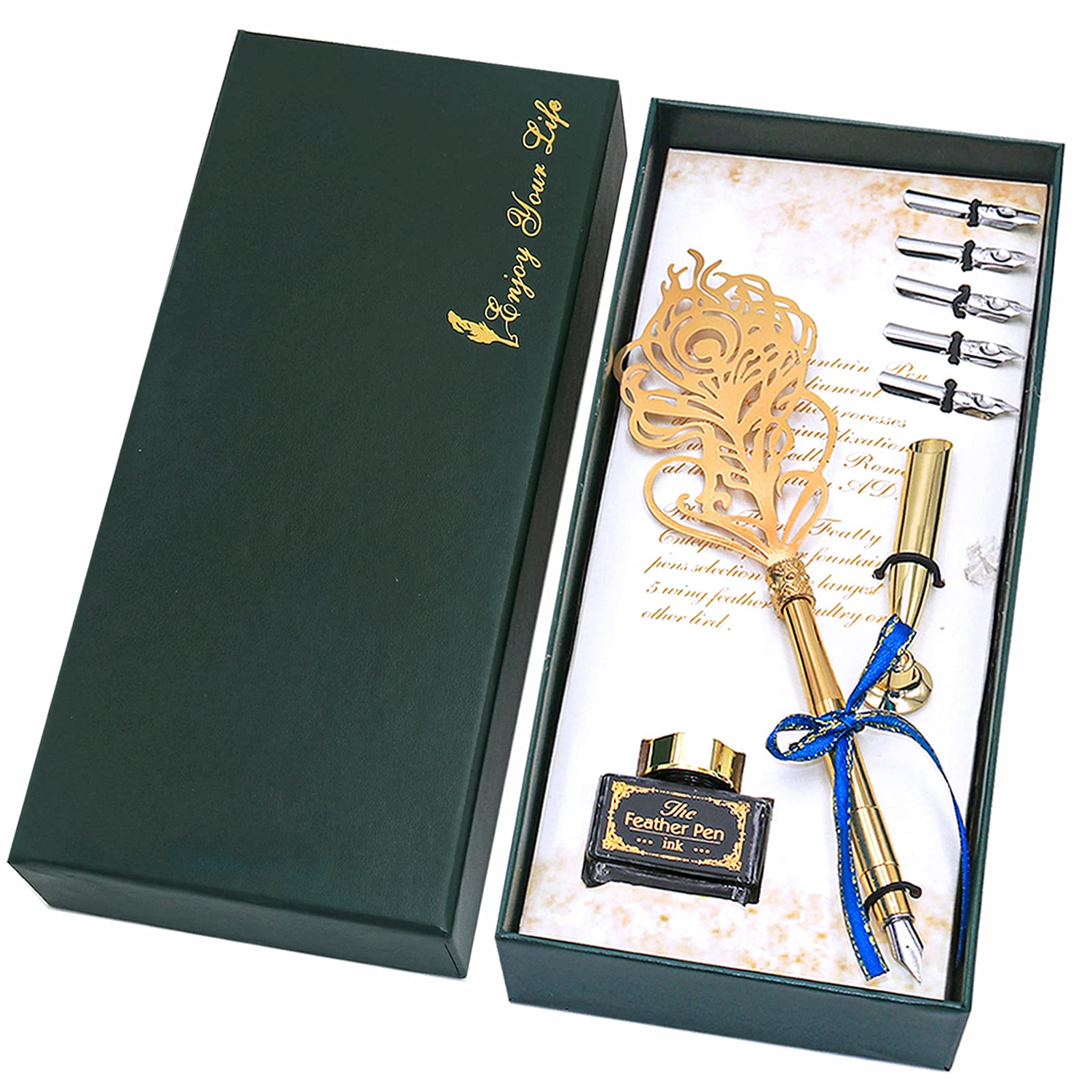 Jubapoz Feather Pen Calligraphy Pen and Ink Set Antique Refillable Writing Quill Ink Dip Pens for Writing, Drawing, Signatures, Wedding, Birthday, Retro Decoration (Flame)