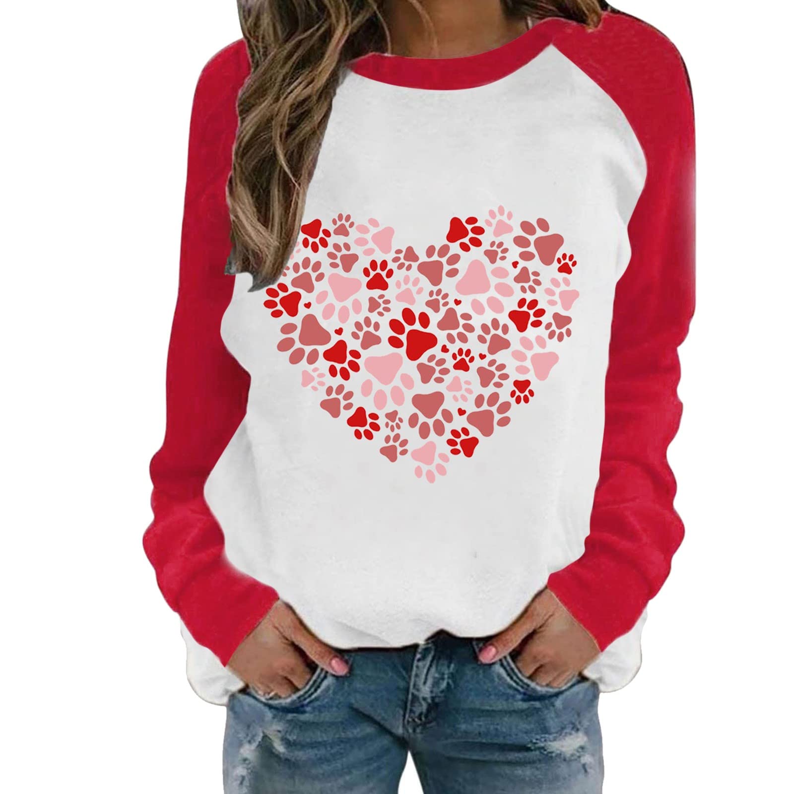 lnmuld Valentines Day Womens Casual Long Sleeve Crew Neck Letter Printed Pullover Hoodless Sweatshirts Distressed Tees Women Red