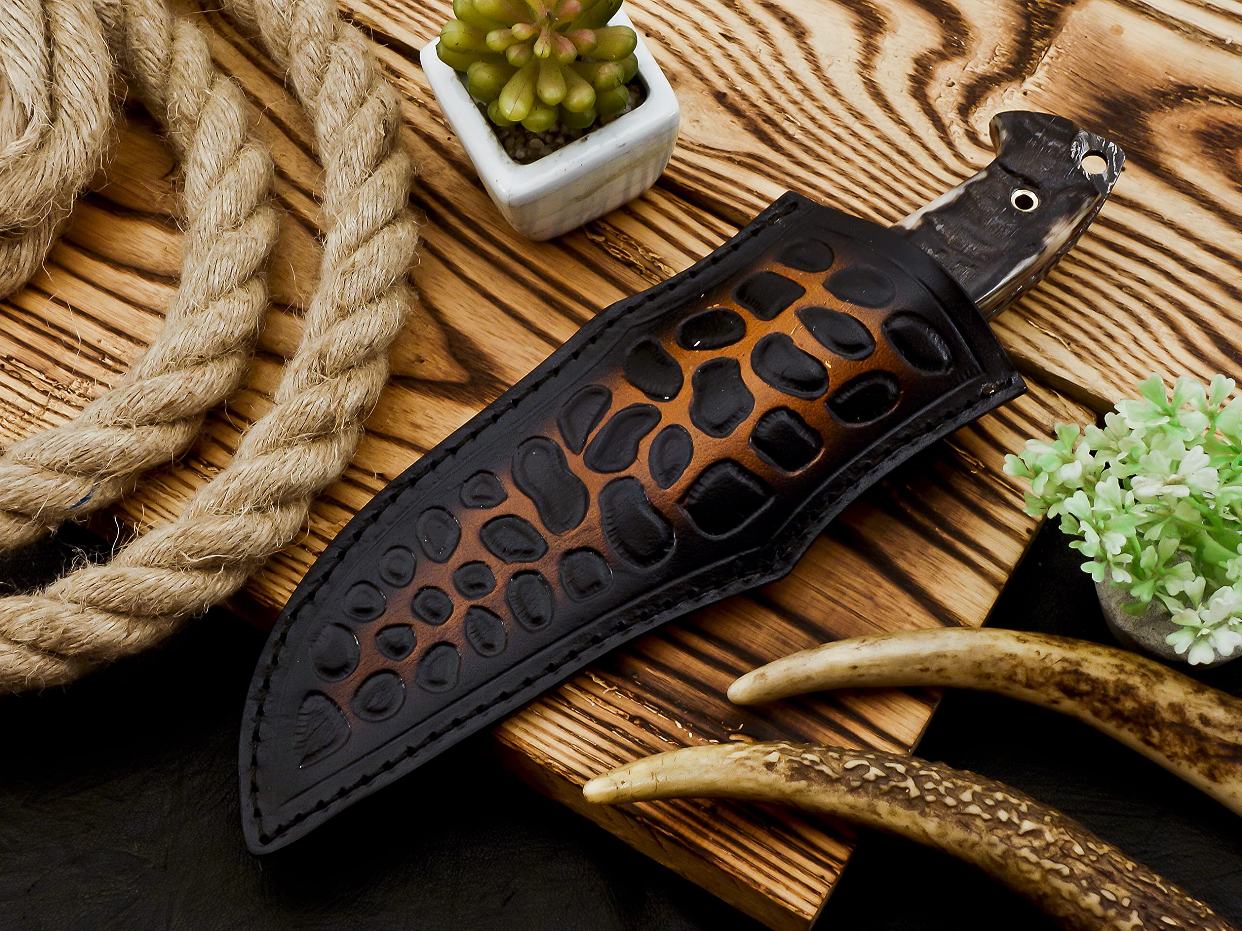 Handmade Damascus Hunting Knife with Sheath for Belt – 10 inches Fixed Blade full tang 1095 steel knife with Sheep Horn Handle