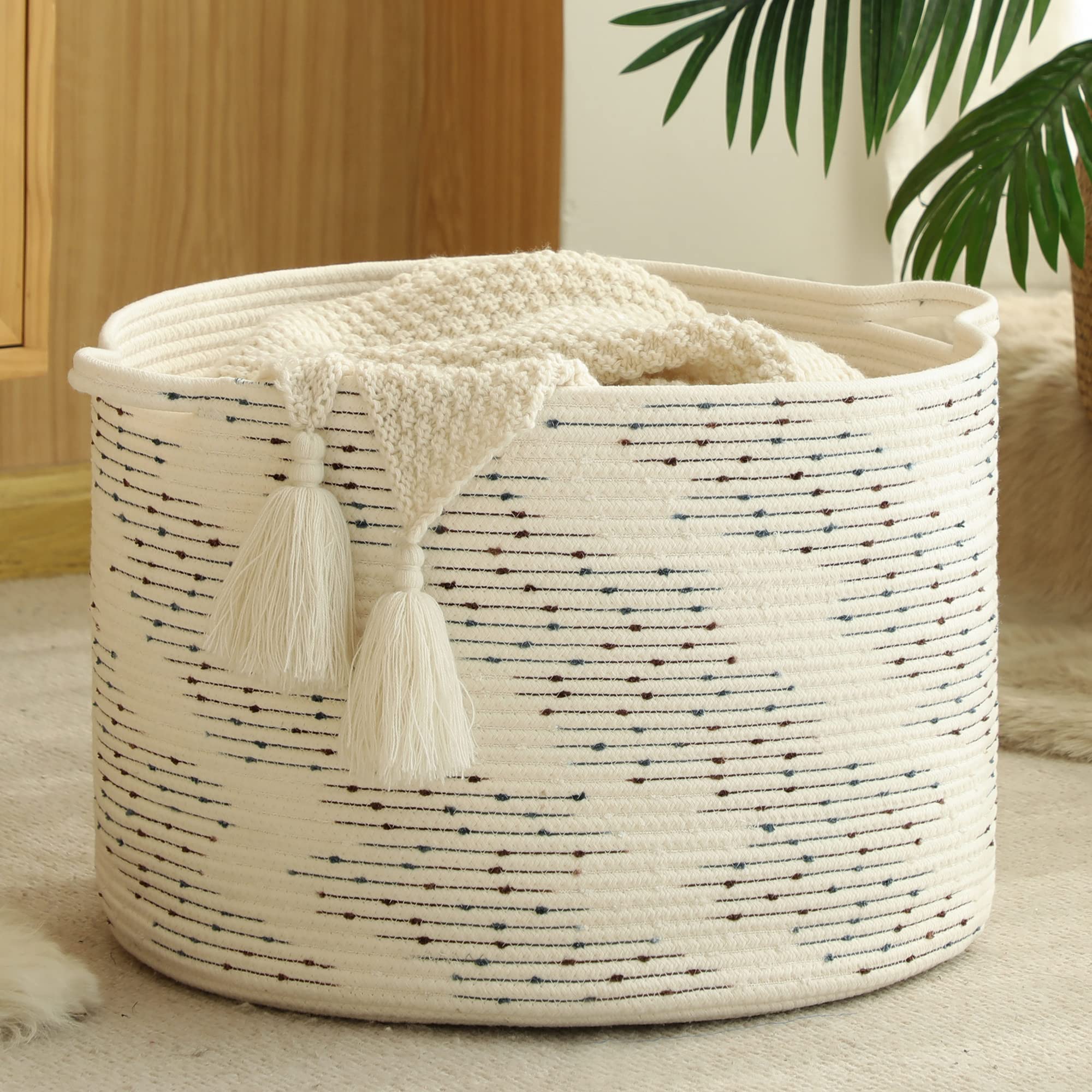 KAKAMAY Large Cotton Rope Blanket Basket (20"x13"),Woven Baby Laundry Hamper,Blanket Basket for Nursery, Laundry, Living Room, Pillows, Toys Dotted Pattern(White)