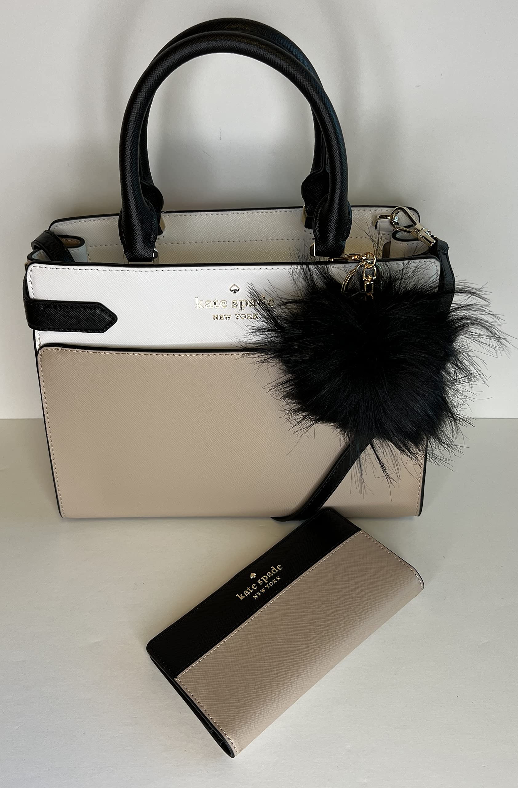 Kate Spade New York Staci MD Satchel bundled with matching Slim Bifold Wallet and Fur Pom (Warm Beige)