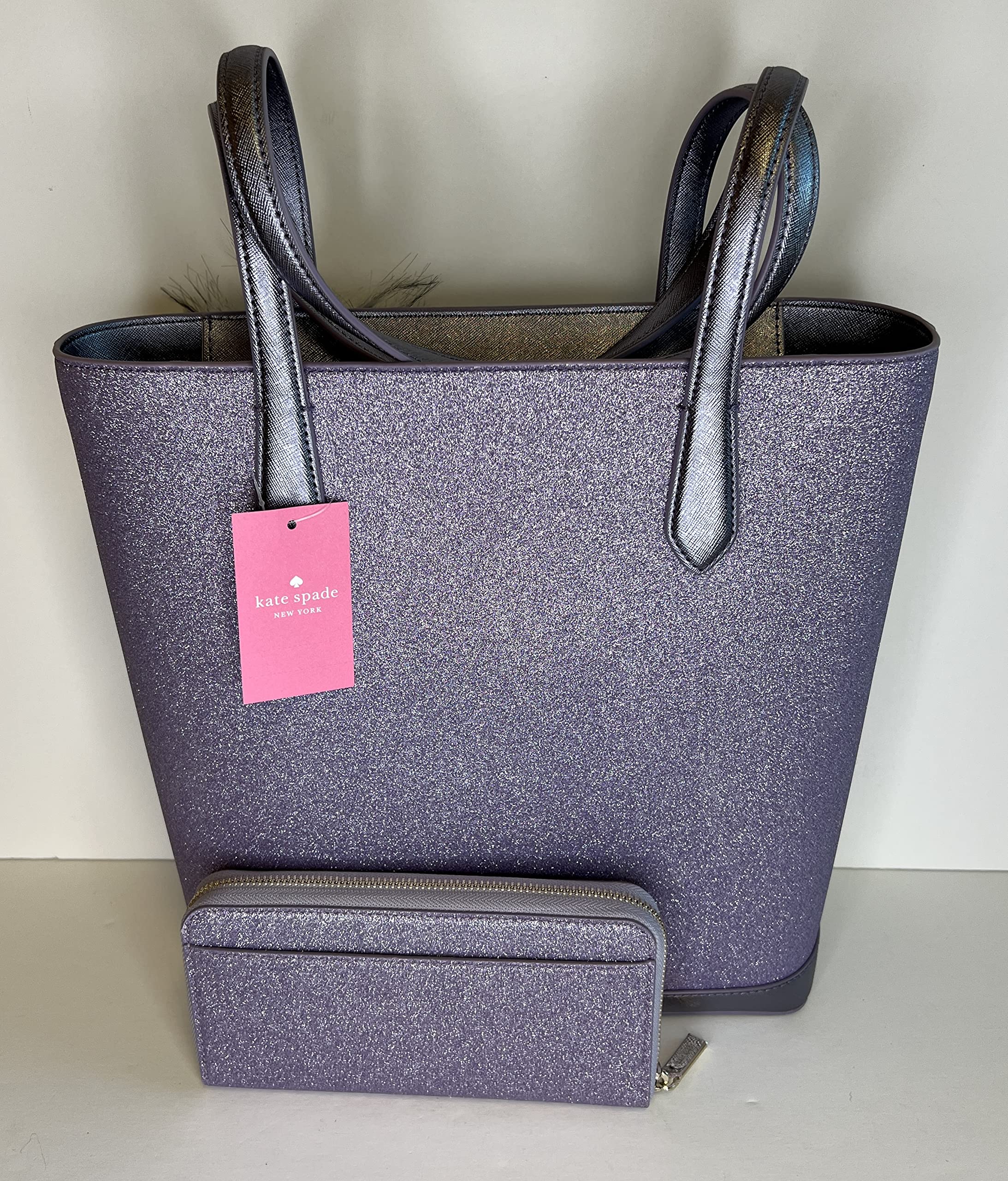 Kate Spade New York Tinsel Glitter Tote bundled with Large Continental Wallet and Fur Pom (Lilac Frost)