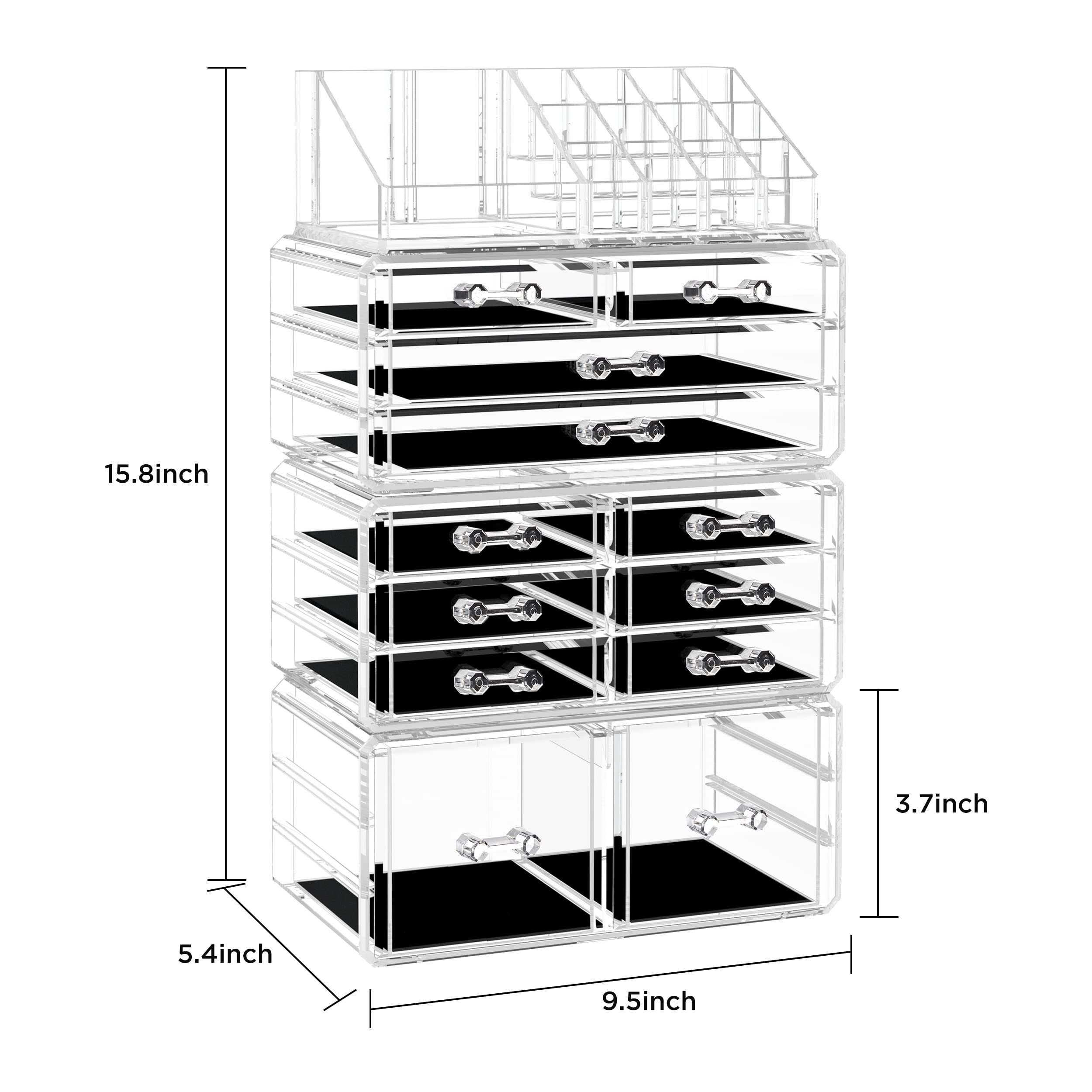 HBlife Acrylic Clear Dustproof Makeup Storage Organizer Drawers Large Skin Care Cosmetic Display Cases for Bathroom Stackable Storage Box with 12 Drawers for Vanity (Clear)