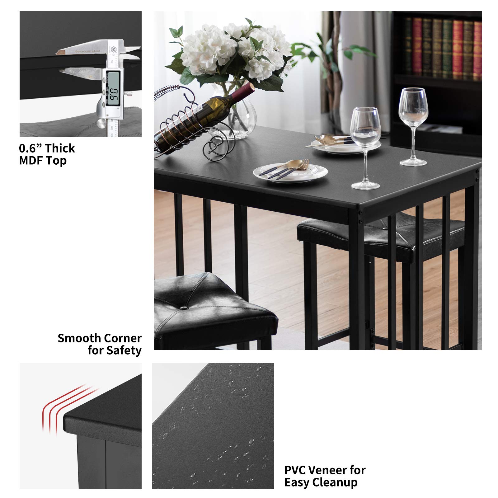 Giantex 3 piece Dining Set, Counter Height Table Set with Black Frosted Tabletop and Metal Frame for Kitchen, Bar or Apartment w/ 2 Faux Leather Backless Stools, Compact, Space-Saving Design