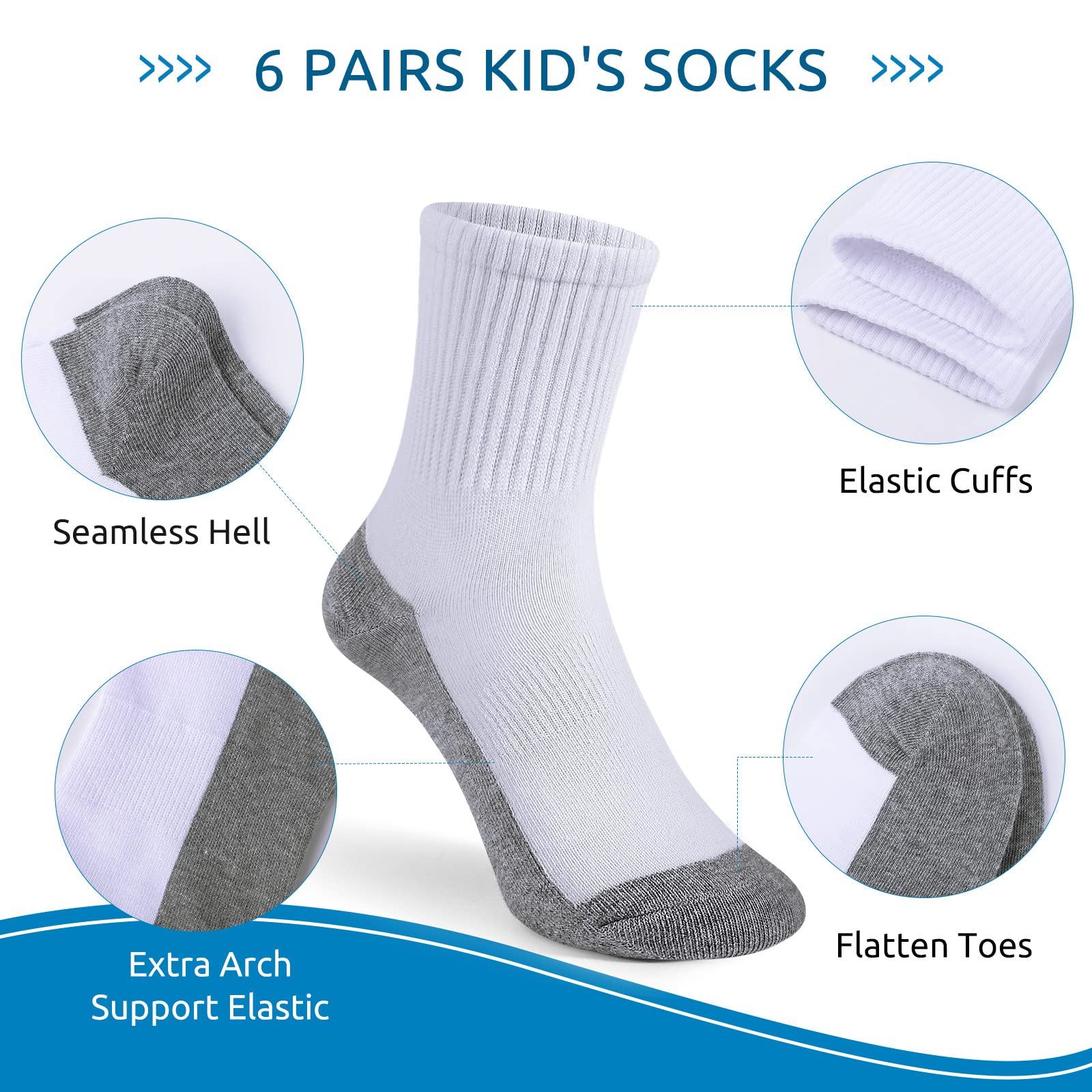 KEREDA Boys Girls Cushioned Crew Socks Athletic Training Socks for Active Kids 6 Pairs 7-10 Years Multicolor 2