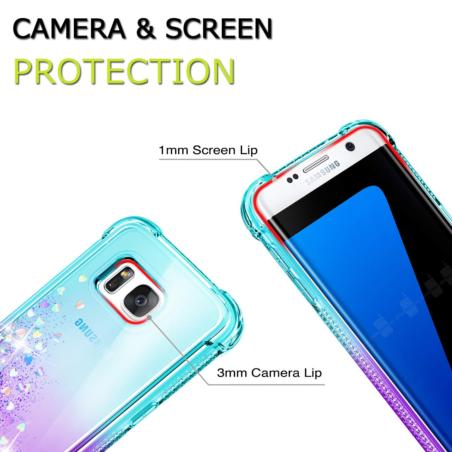Gritup Samsung Galaxy S7 Edge Case, Samsung S7 Edge Case with HD Screen Protector, Girls Women Cute Gradient Liquid Glitter Bling Four-Corner Protective Soft TPU Case for Galaxy S7 Edge, Teal/Purple