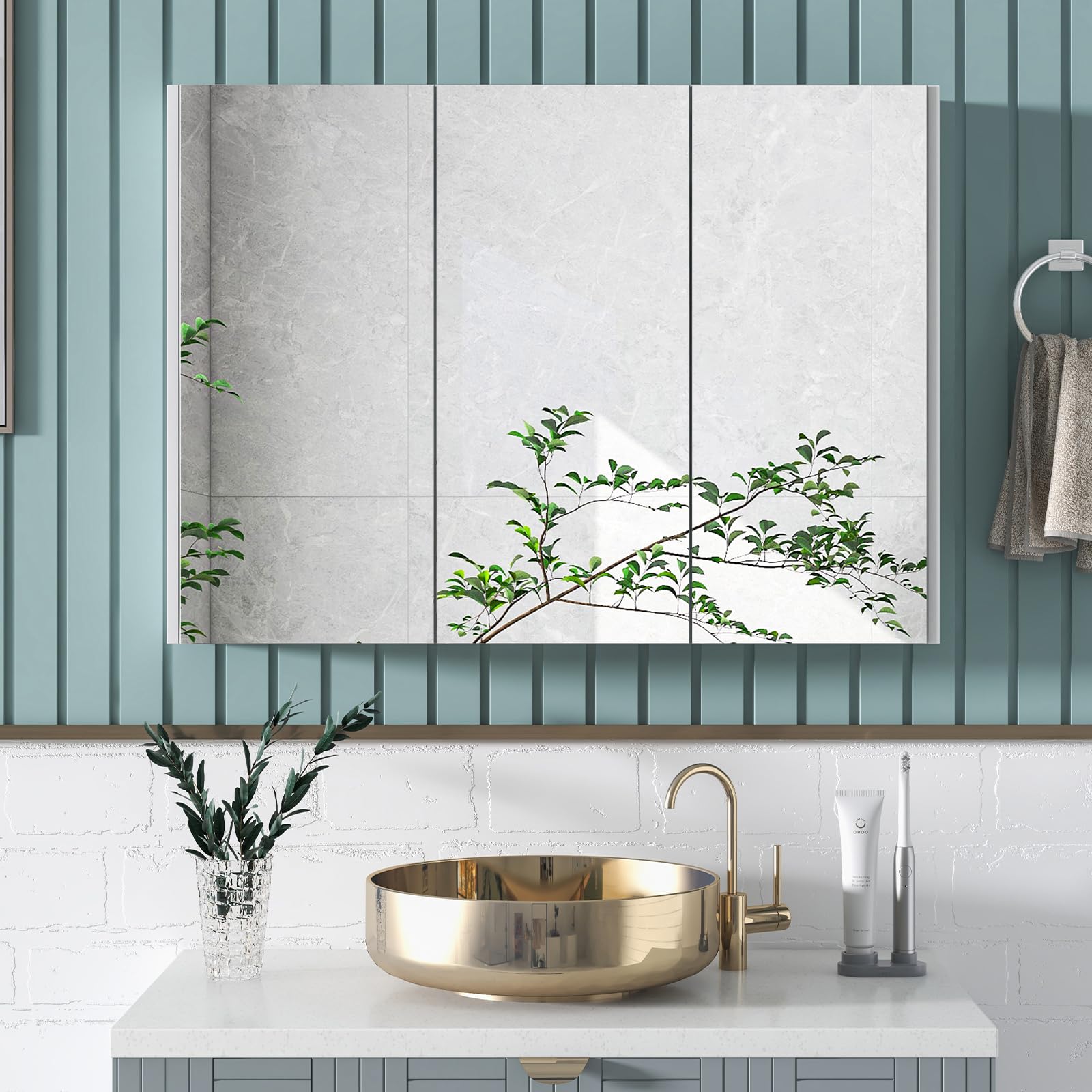 Giantex Bathroom Medicine Cabinet with Mirror - Extra Large Wall Mounted Cabinet with 3 Frameless Mirrored Doors, 2 Adjustable Shelves, 36β x 25.5β Recessed or Surface Mount Bathroom Cabinet