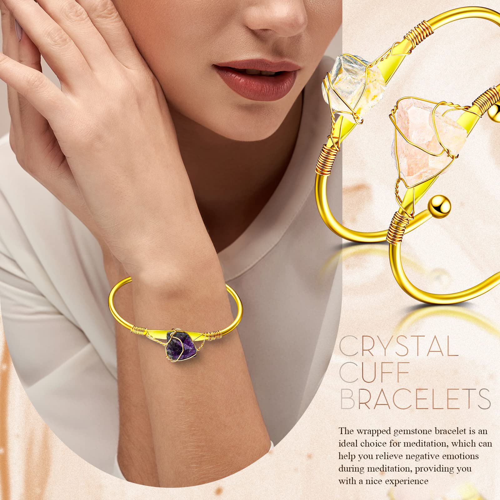 Kigeli 4 Pcs Gold Plated Crystal Cuff Bracelets for Girls Women Irregular Natural Gemstone Cuff Bangle Adjustable Wire Wrapped Cuff Bracelets for Birthday Gifts