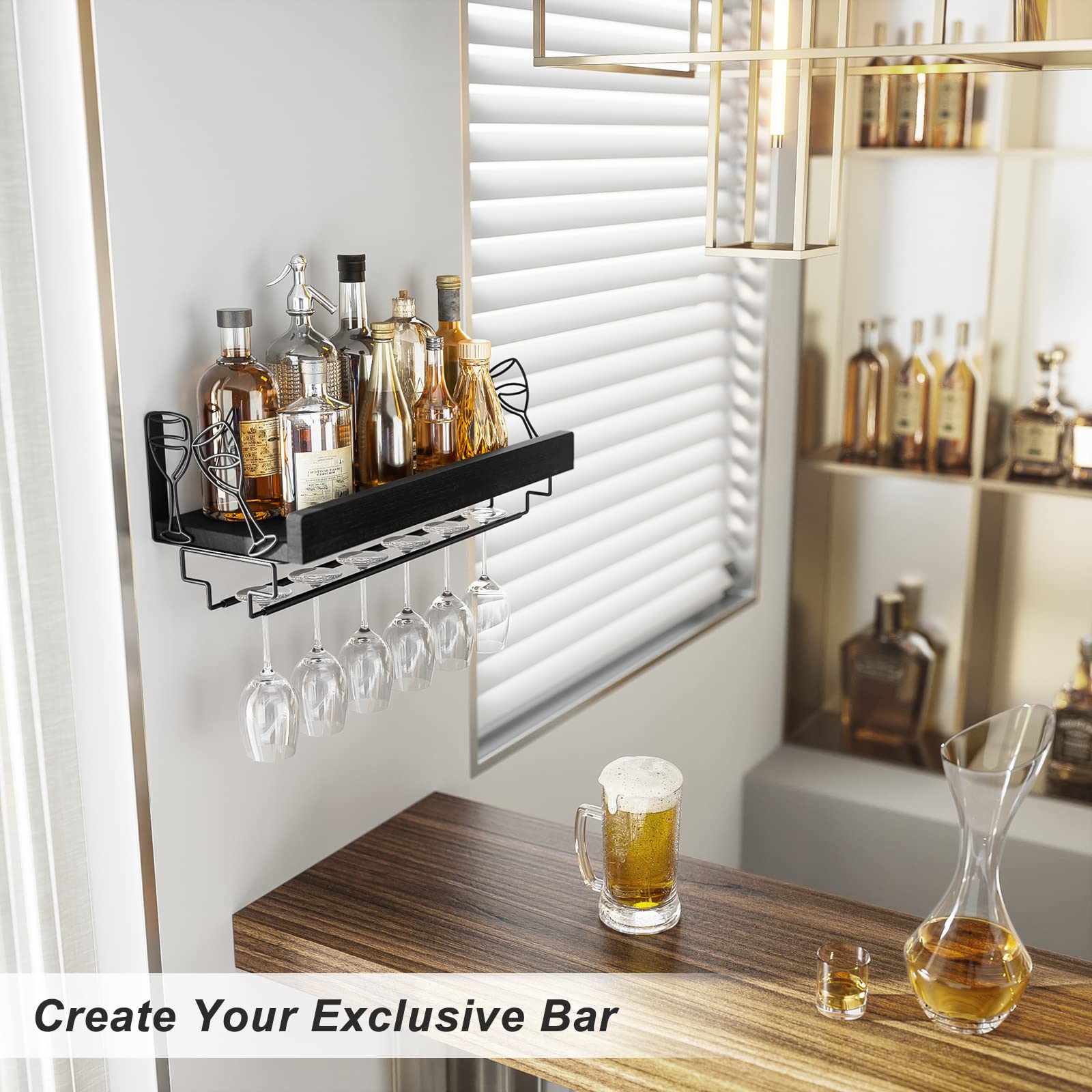 Love-KANKEI Wine Rack with Stemware Hanger, 17inch Wine Glass Rack, Floating Shelf Wall Mounted, Wood Wall Shelf for Kitchen, Dinning Room, Home Bar, Living Room etc, Pitch Black