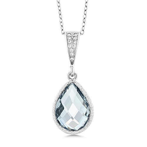 Gem Stone King 925 Sterling Silver Checkerboard Simulated Aquamarine Pendant Necklace (6.20 Cttw, Pear Shaped 16X12MM, with 18 Inch Silver Chain)