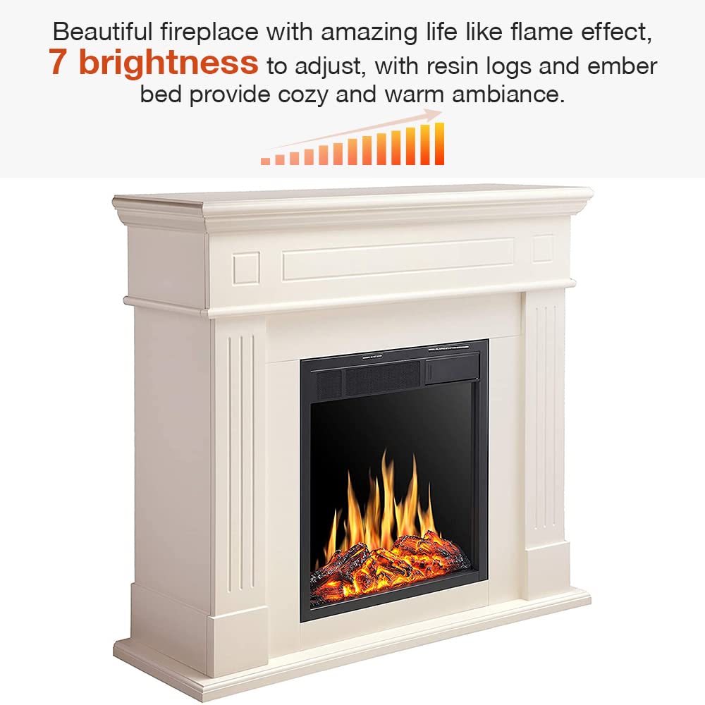 Joy Pebble 36'' Wood Electric Fireplace Mantel Package Freestanding Heater Corner Firebox with Log Hearth and Remote Control,750-1500W (Ivory White)