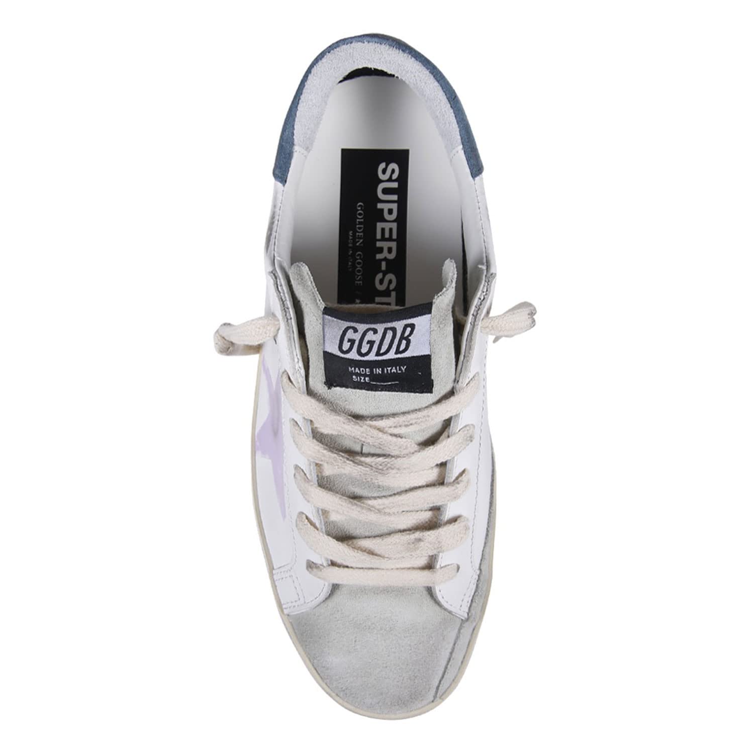 Golden Goose Super-Star with Serigraph Star Leather Upper Suede Spur and Heel Signature Foxing Womens Distressed Sneakers-37 White