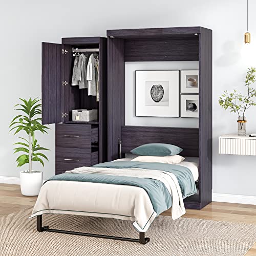 Twin Size Murphy Bed with Storage Drawer and Wardrobe, Twin Storage Bed, can be Folded into a Cabinet, Metal Twin Platform Bed Frame for Kids Teens Adults, No Box Spring Needed (Gray)