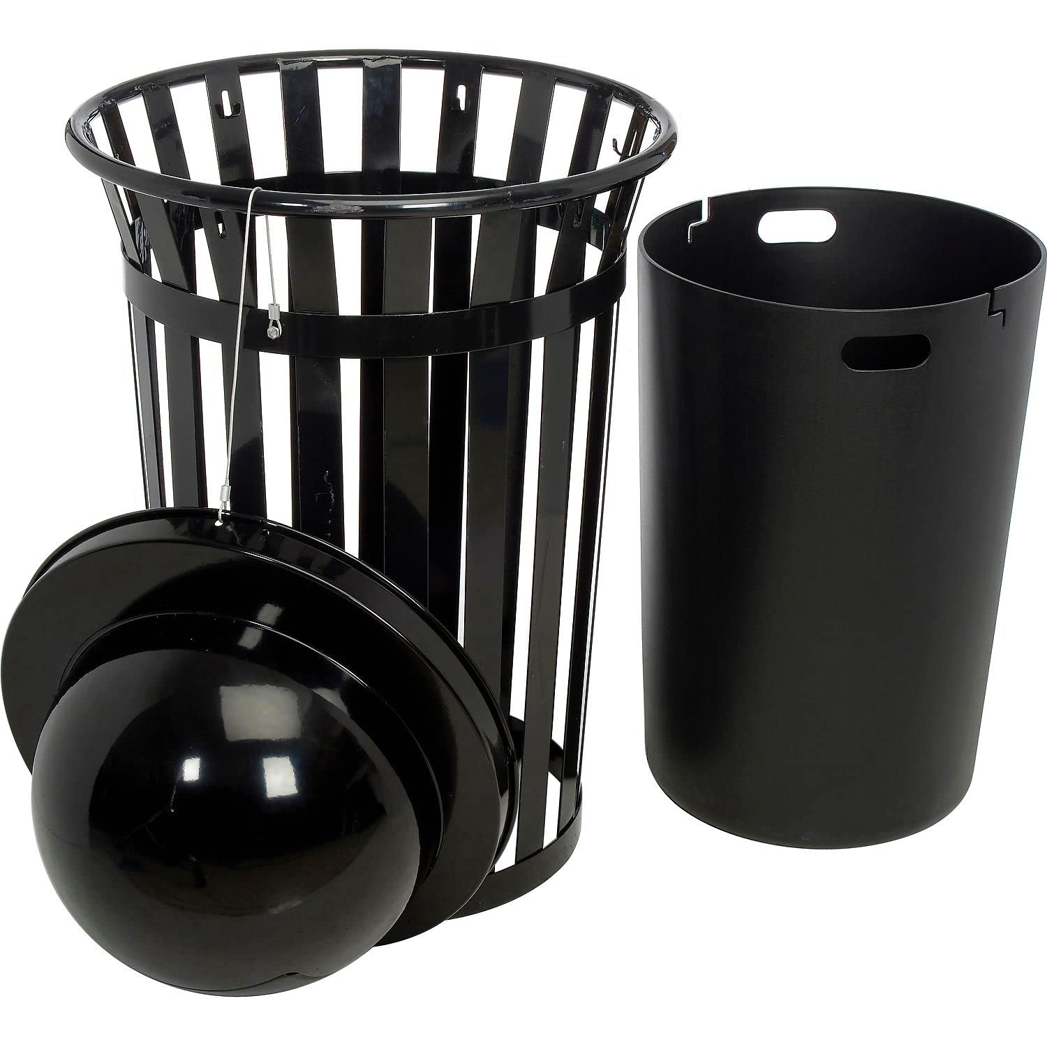 Global Industrial 36 Gallon Outdoor Metal Slatted Trash Receptacle with Dome Lid, Black