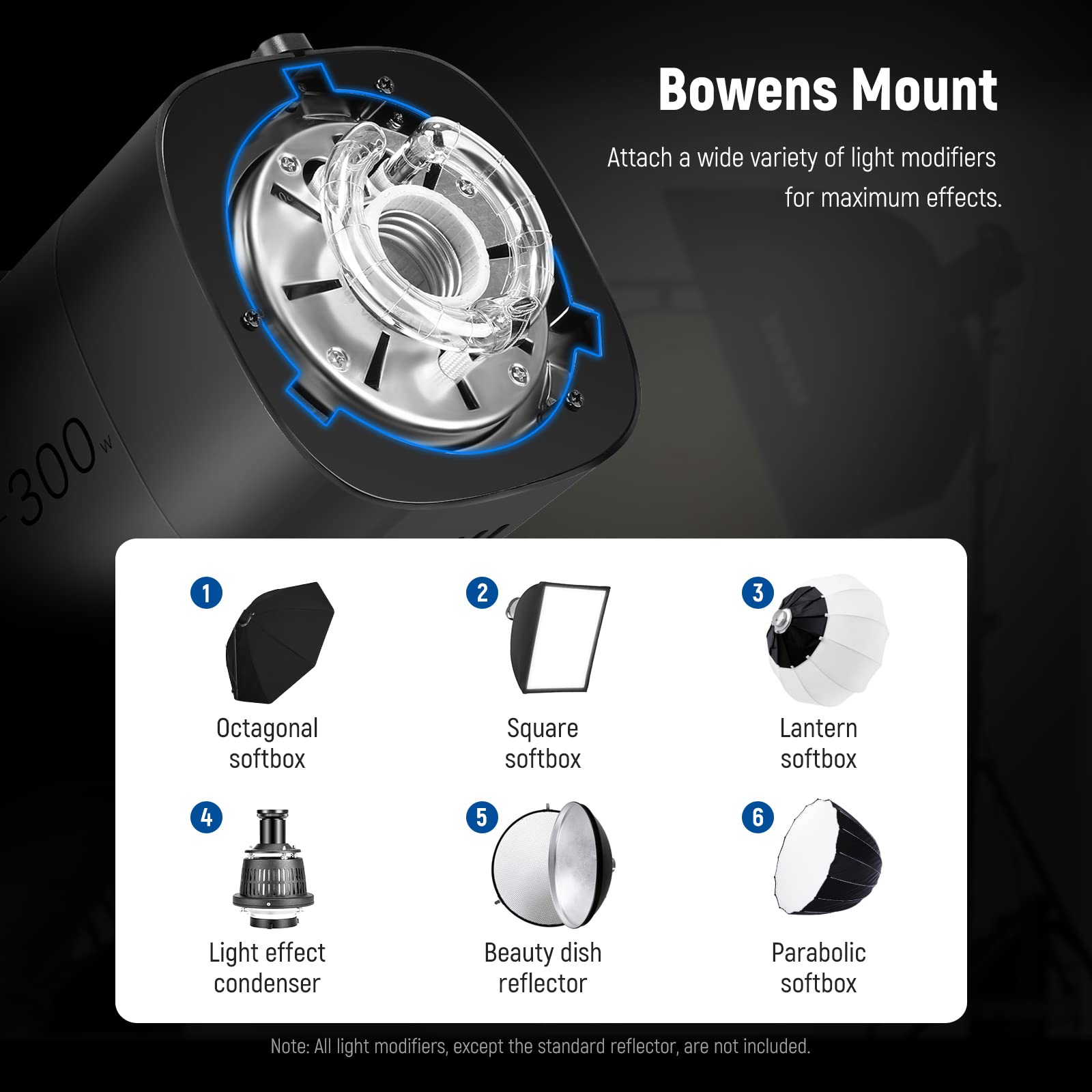 NEEWER Upgraded S101-300W Studio Monolight Strobe Flash 300W 5600K All Metal with Optical Slave Mode, Adjustable Brightness/Modeling Lamp/Bowens Mount/Silent Fan for Product Portrait Photography