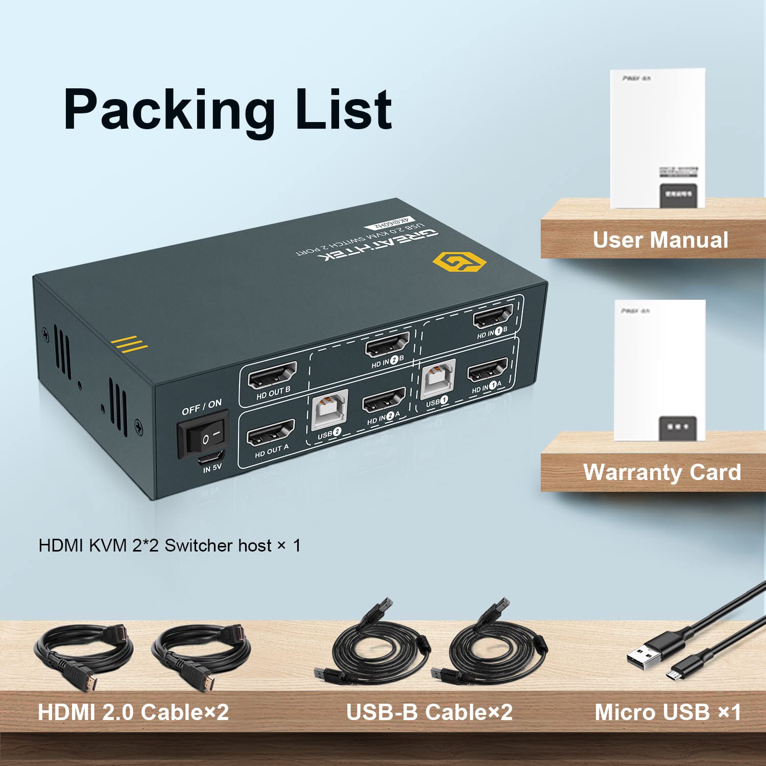 GREATHTEK KVM Switch HDMI 4 Port Box, UHD 4K@60Hz & 3D & 1080P Supported, Hot Key Switch, with 4 USB-B and 4 HDMI Cables