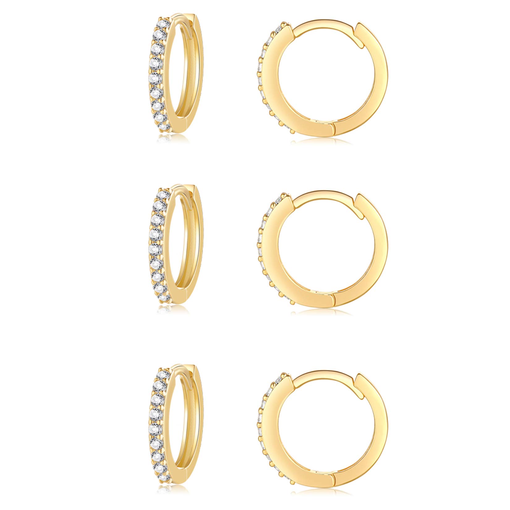 Gold Hoop Earrings for Women, 3 Pairs 8mm Small Sterling Silver Huggie Earrings | Tiny Cubic Zirconia Cartilage Cuff Earrings Hoop Piercing Jewellery for Men Teens