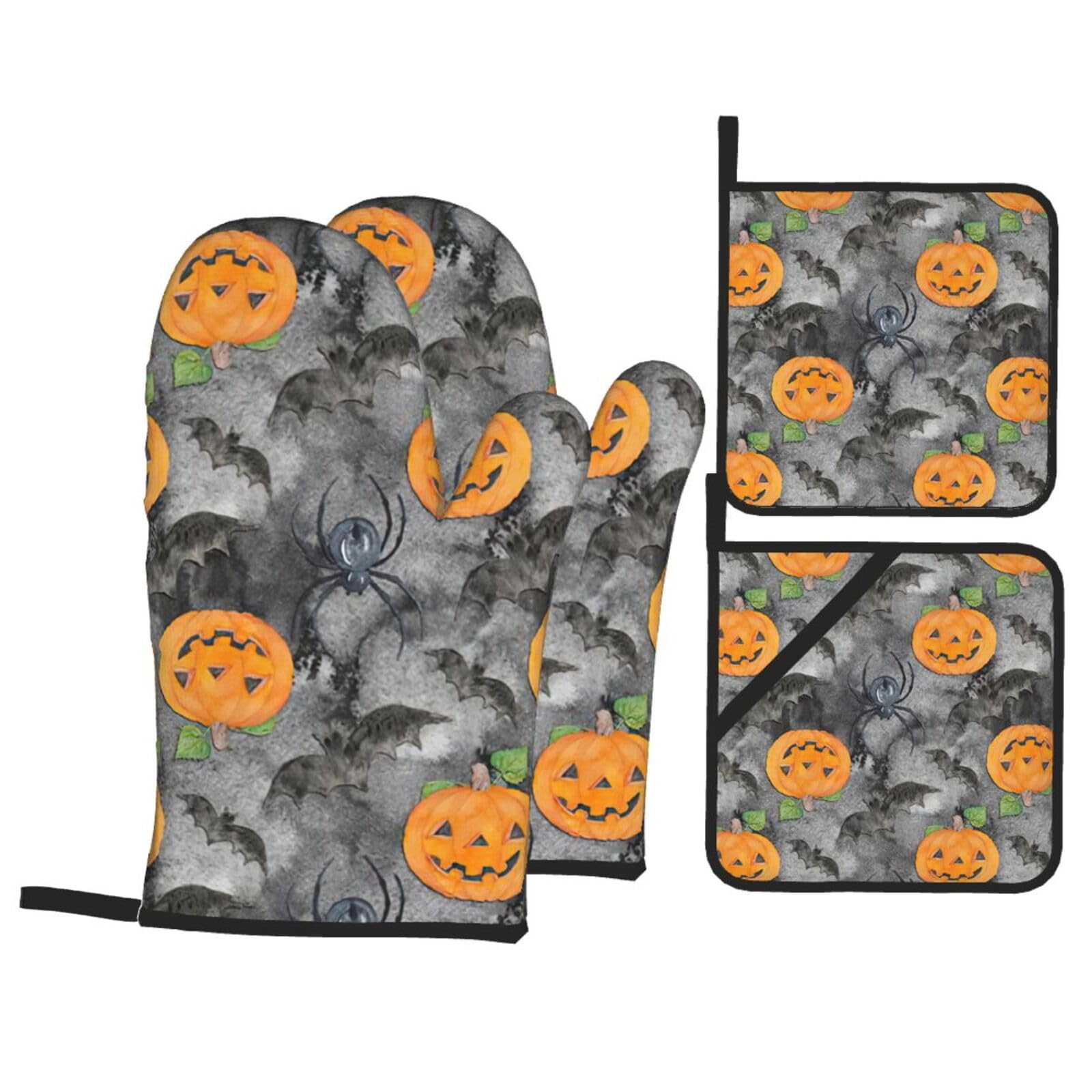 Halloween Grey Bat Spider Pumpkin Kitchen Baking 4-Piece Set–Heat Resistant Oven Mitts and Pot Holders Kitchen Hot Pads