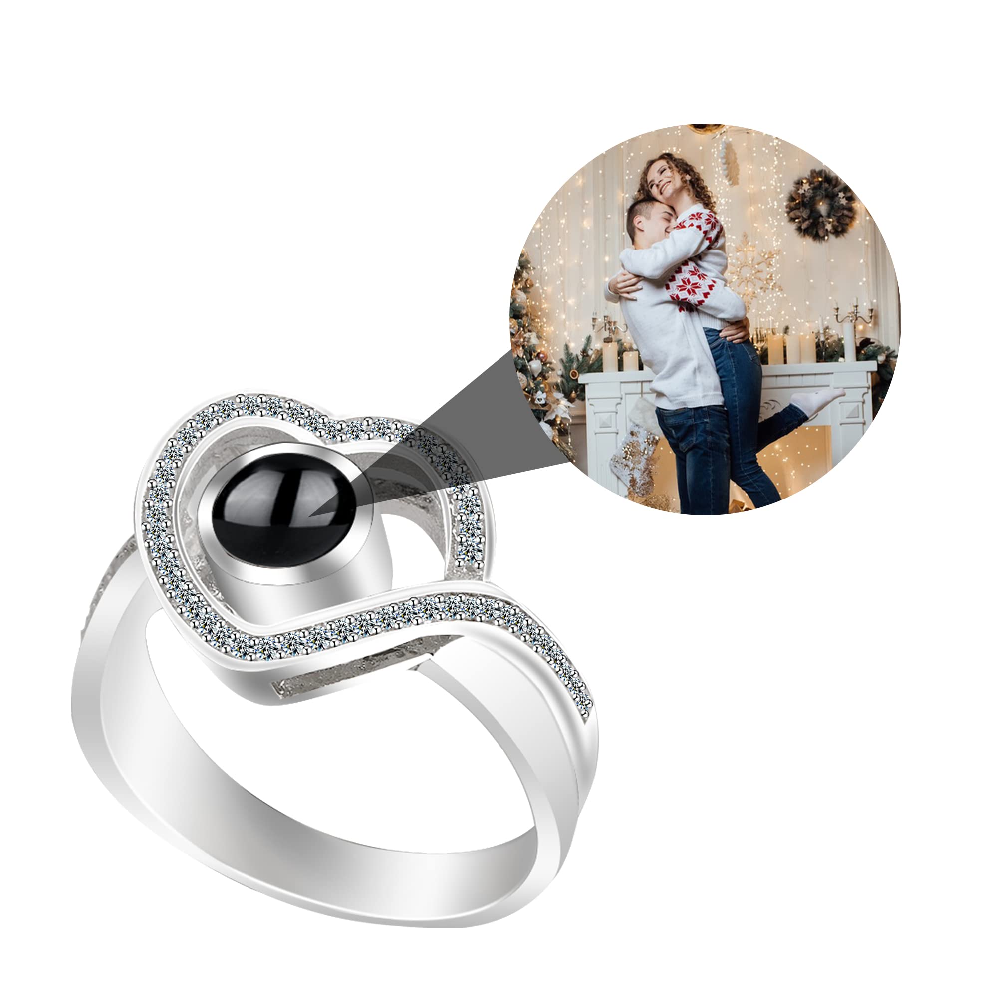 kindsnice Custom Photo Ring Personalized Projection Ring 925 Sterling Silver Heart Shaped Ring with Picture Inside I Love You 100 Language Heart Ring Wedding Band Engagement Ring for Women Mother