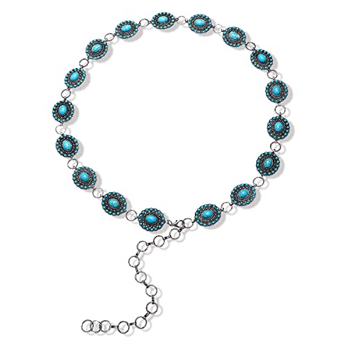 HSWE Women Turquoise Chain Belt Vintage Round Turquoise Concho Belts Adjustable Boho Western Metal Waist Belts for Dresses