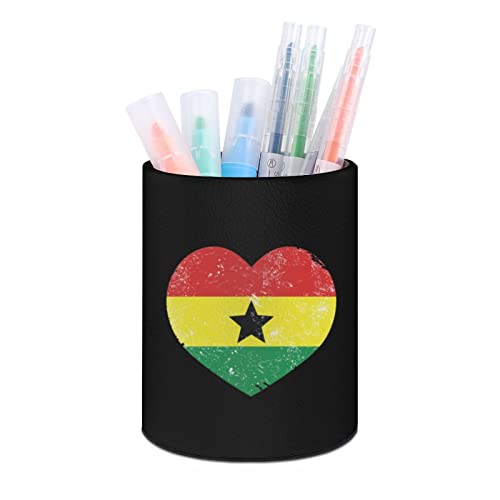 Ghana Retro Heart Flag Pen Holder PU Leather Pencil Cup Cute Desk Organizer Makeup Brush Box for Home Office
