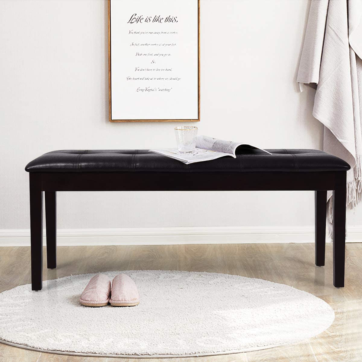 Giantex Dining Room Bench, Traditional Upholstered Table Benches, Hallway PU Leather Bench Entryway Bench, Bedroom Bench for End of Bed, Ottoman Bench (Grey)
