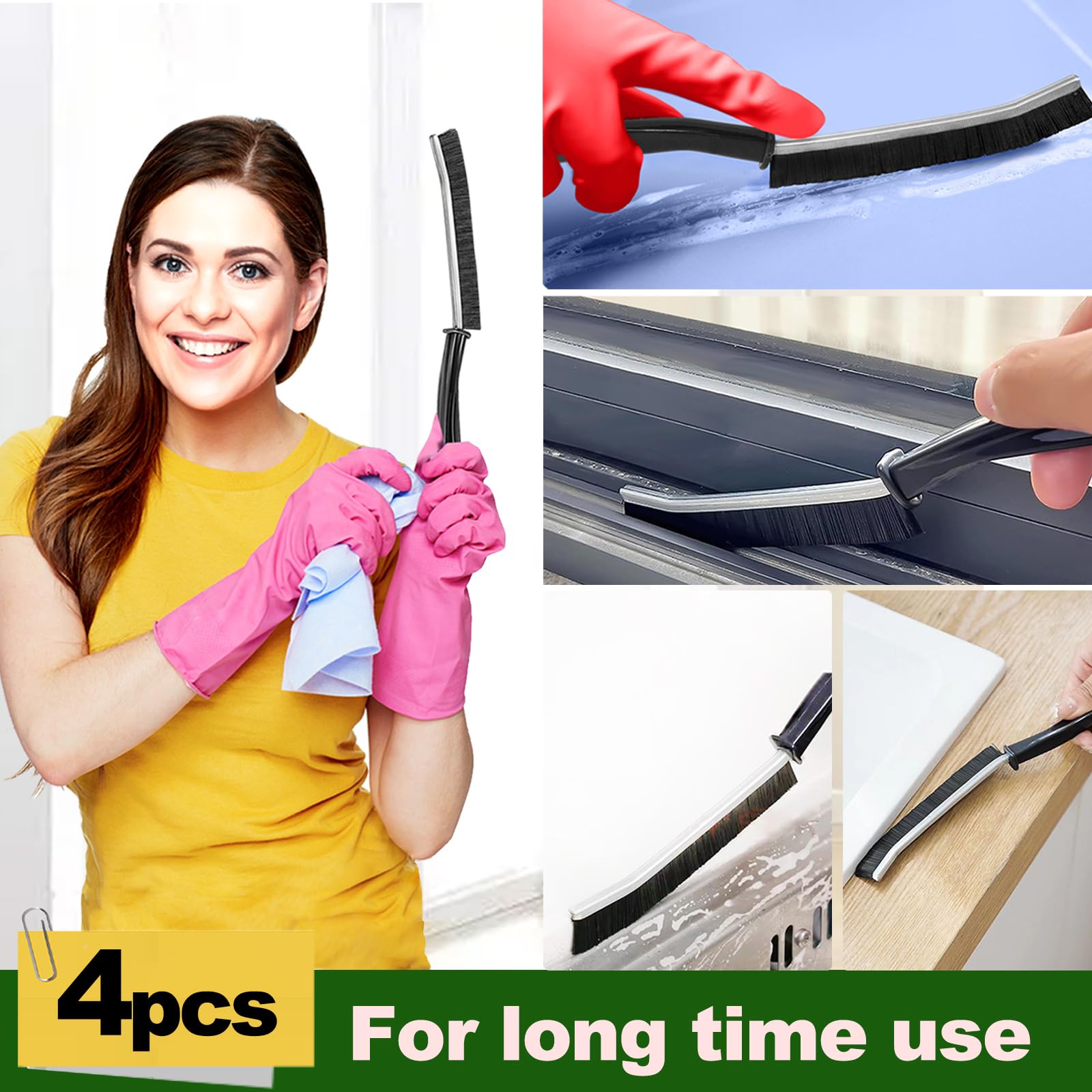 Hard Bristle Crevice Cleaning Brush, Crevice Cleaning Brush | Extra Strong & Long| Gap Cleaning Brush, Hard-Bristled Brush Set, Hand Bristled Stiff Bristle Cleaning Brush with Long Handle(4 pcs)