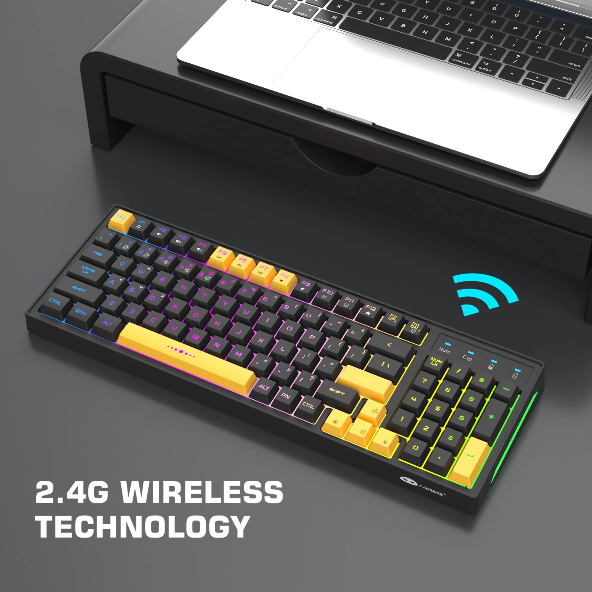MageGee 96 Keys Wireless Keyboard,V520 RGB Backlit USB Wireless Gaming Keyboard,92% Layout Ergonomic Anti-Ghosting Computer Keyboards for Windows PC Games Work and Daily Use (Black Yellow Keycaps)…