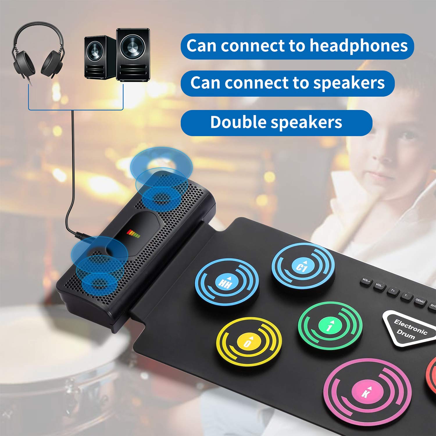 Hricane Electronic Drum Set 9 Pads, Roll Up Drum Practice Kit USB Rechargeable Thickened Drum Pad with MIDI Headphone Jack Built-in Speaker with Foot Pedals Drumsticks for Adult Kids Beginners