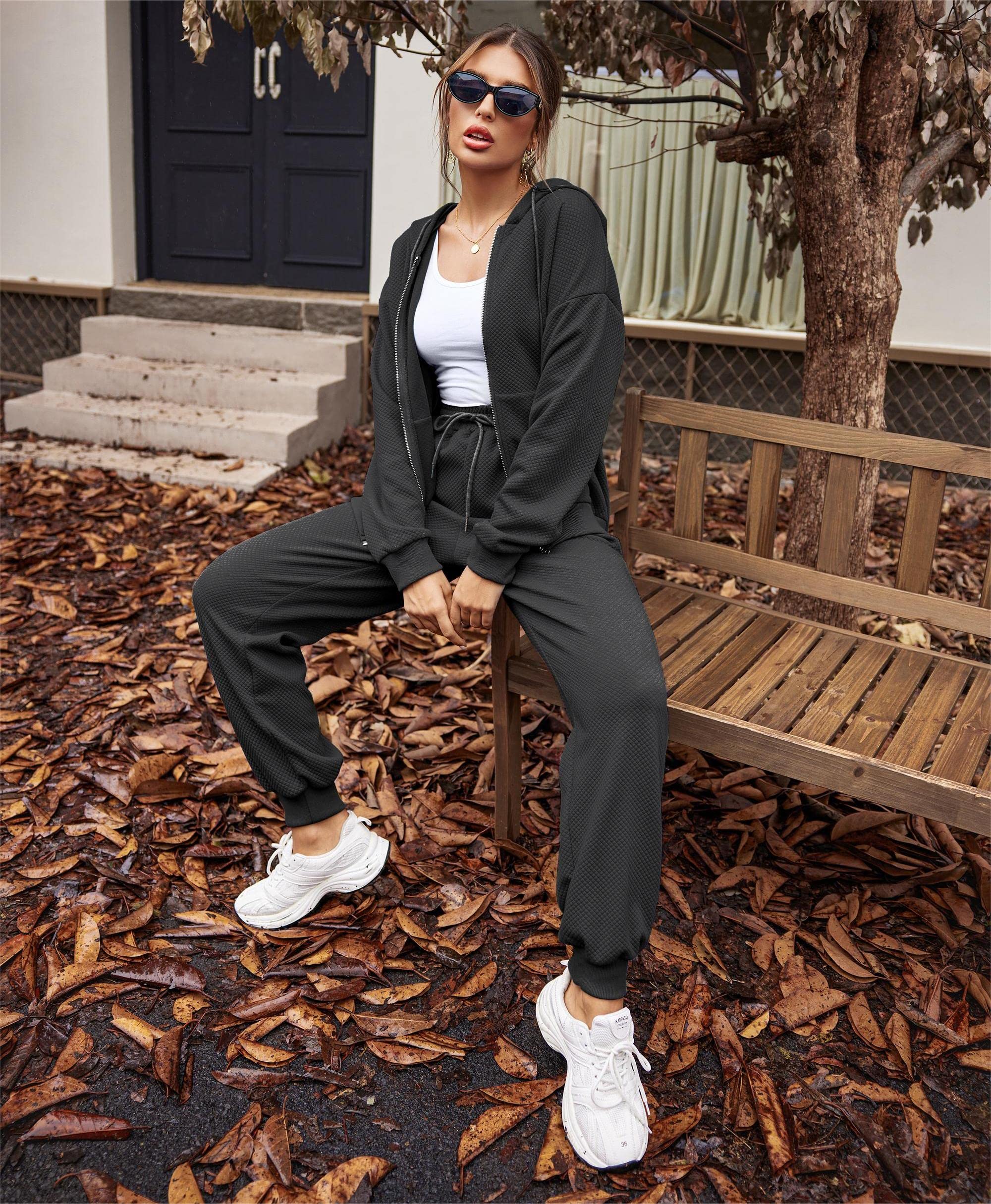 HOTOUCH Hoodie Sweatsuits for Women Set Tracksuit Set with Pockets Zip-up Jogging Lounge Set,Dark Gray L
