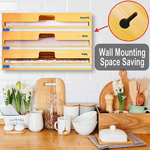 Tuipm Wrap Dispenser with Cutter, Plastic Wrap, Aluminum Foil and Wax Paper Dispenser for Kitchen Drawer, Bamboo Roll Organizer Holder, 3 in 1 Wrap Dispenser Compatible with 12" Roll