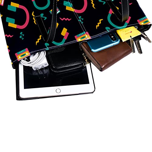 Neon Funky Head Phone Background Tote Bag for Women Girls, Leather Shoulder Bag with Inside Pockets, Zip Top Handbags