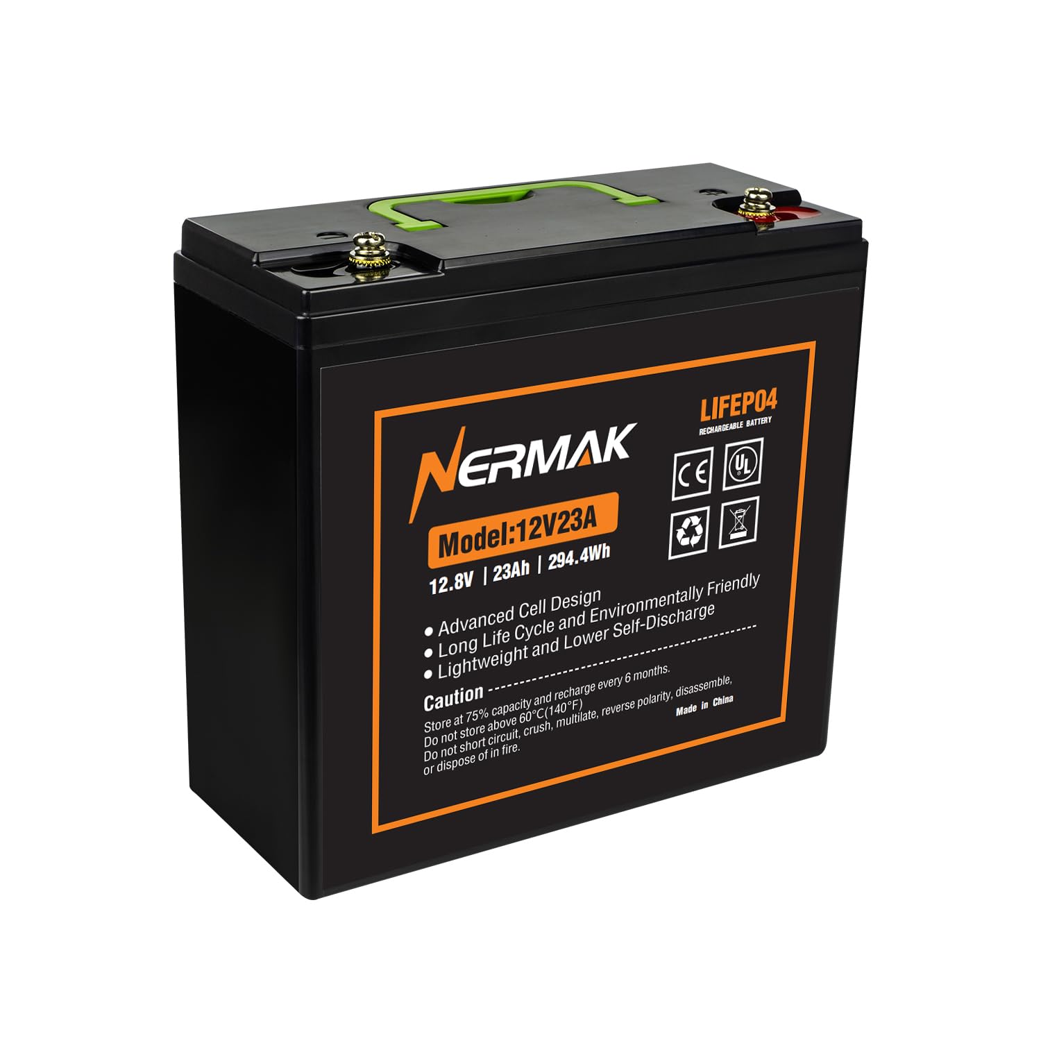 NERMAK 12V 23Ah Lithium LiFePO4 Deep Cycle Battery, 2000+ Cycles Lithium Iron Phosphate Rechargeable Battery for Solar/Wind Power, Lighting, Marine, Outdoor Camping, Fish Finder, Built-in 24A BMS
