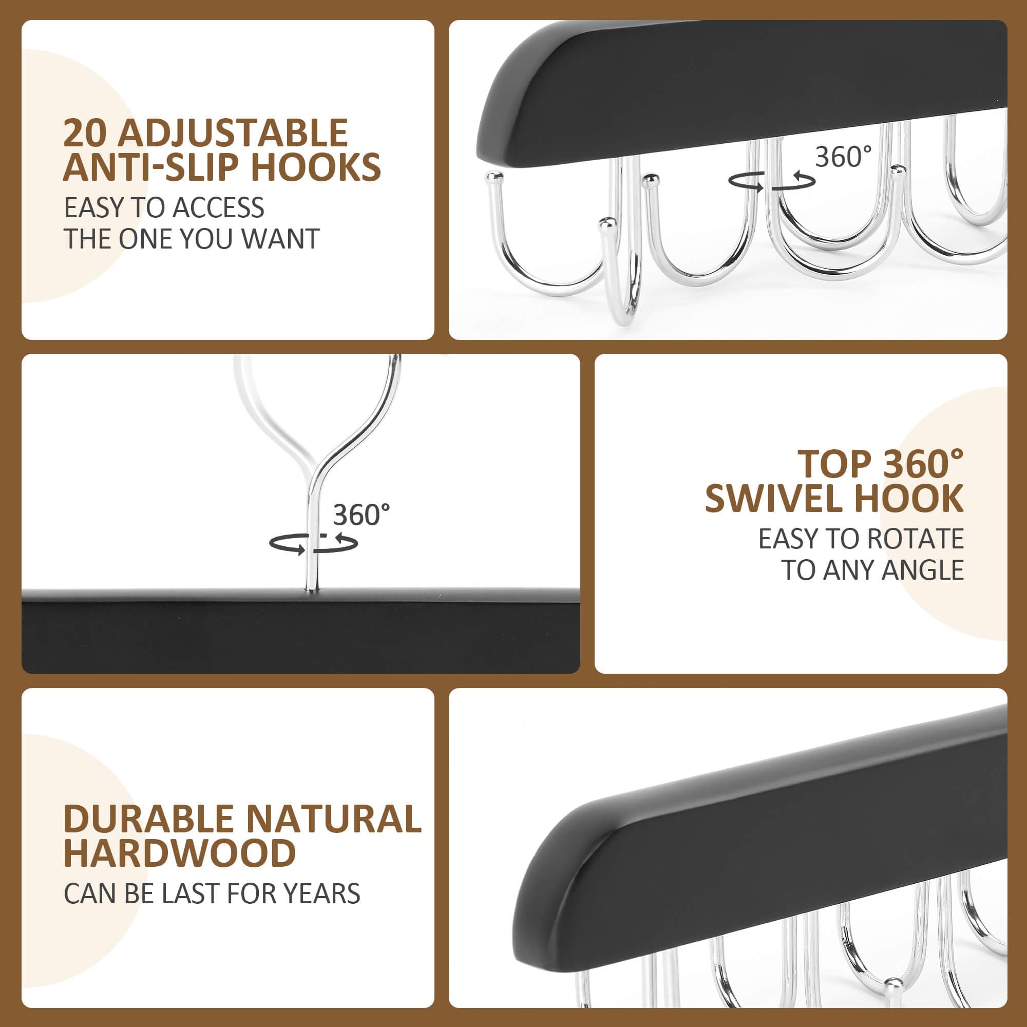 ZEDODIER Bra Hanger for Closet, Tank Top Hanger 20 Hooks Capacity, Wood Space Saving Hanger Closet Organizers and Storage for Dorm & Apartment, Black