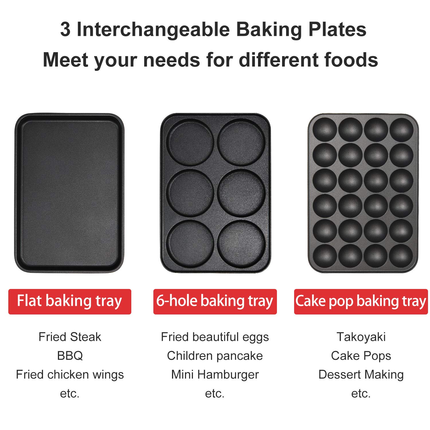 Health and Home Multifunction Nonstick Baking Maker with 3 Interchangeable Baking Plates for Fried Eggs, Fried Steak, Takoyaki, Cake Pops, Grill Maker
