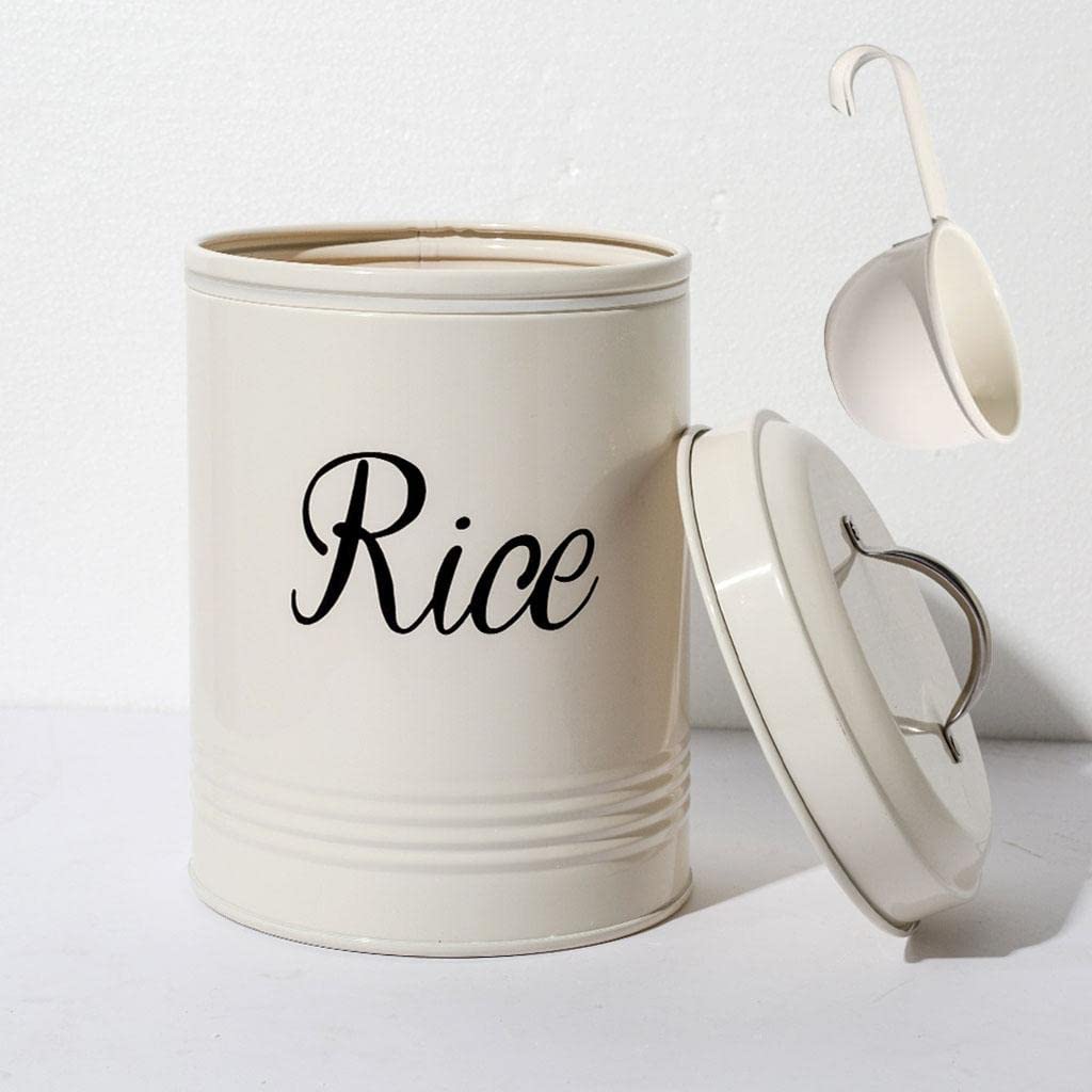 LOVIVER Rustic White Metal Vintage Food Rice Storage Tin Canister Box 3L Container
