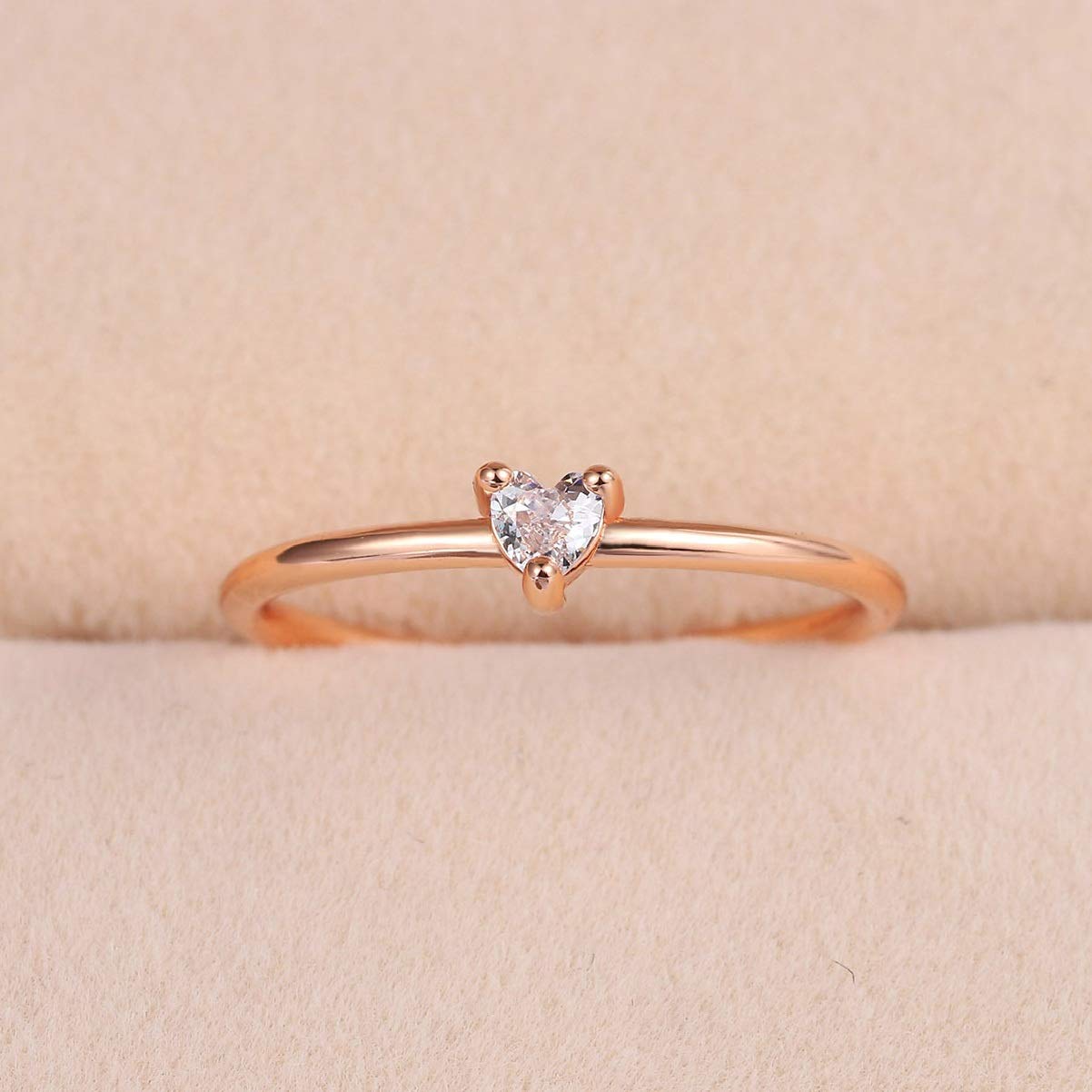 hsiyyecg Women's Heart-Shaped CZ Crystal Ring in Rose Gold Minimalist, Delicate Plain Band Knuckle Stacking Midi Jewelry (US Size 10)