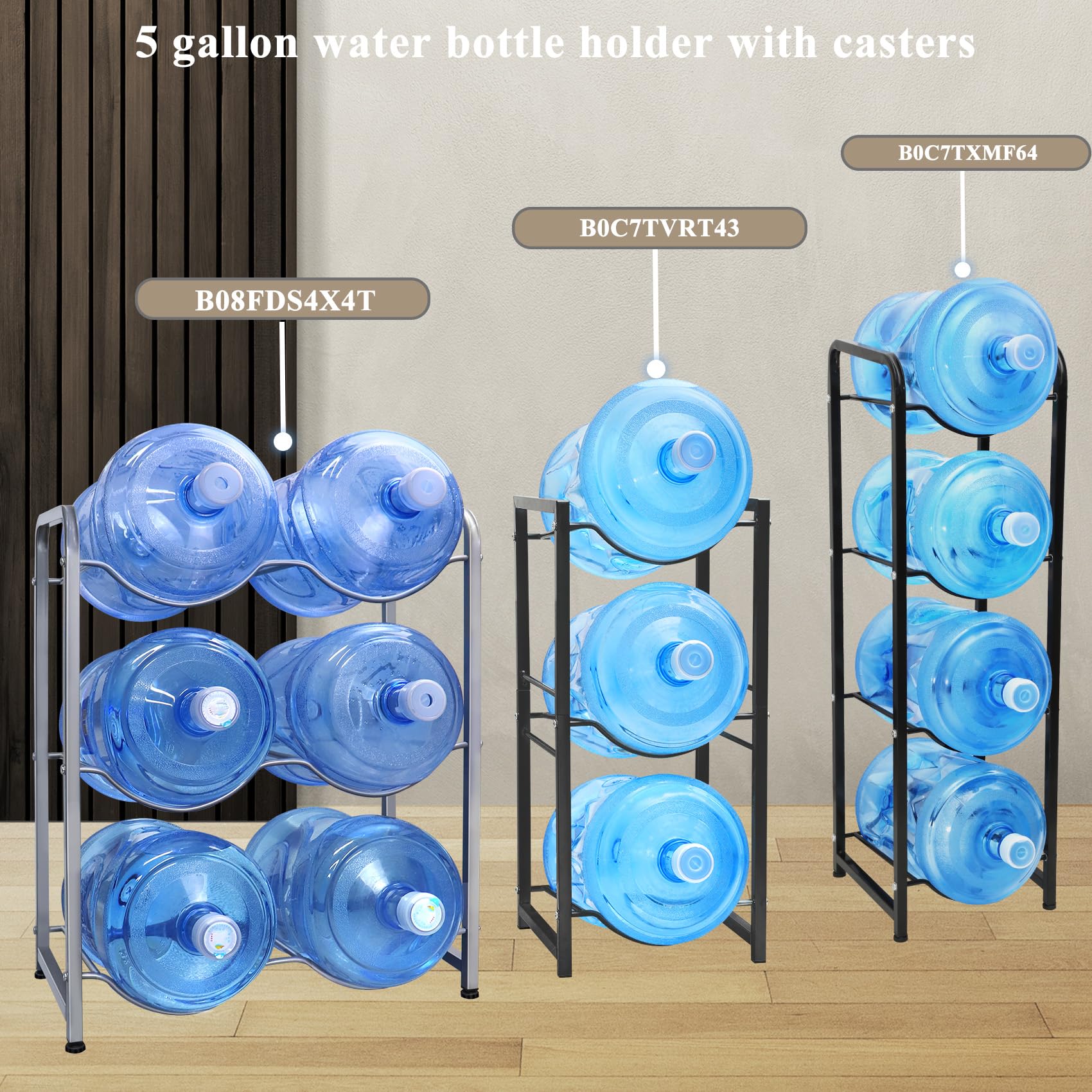 Iococee 5 Gallon Water Bottle Holder, Water jug Holder Rack 3-Tier, Water Cooler Jug Rack for 6 Bottles, 5 Gallon Water Bottle Storage Rack Heavy Duty, with Floor Protection for Home, Office