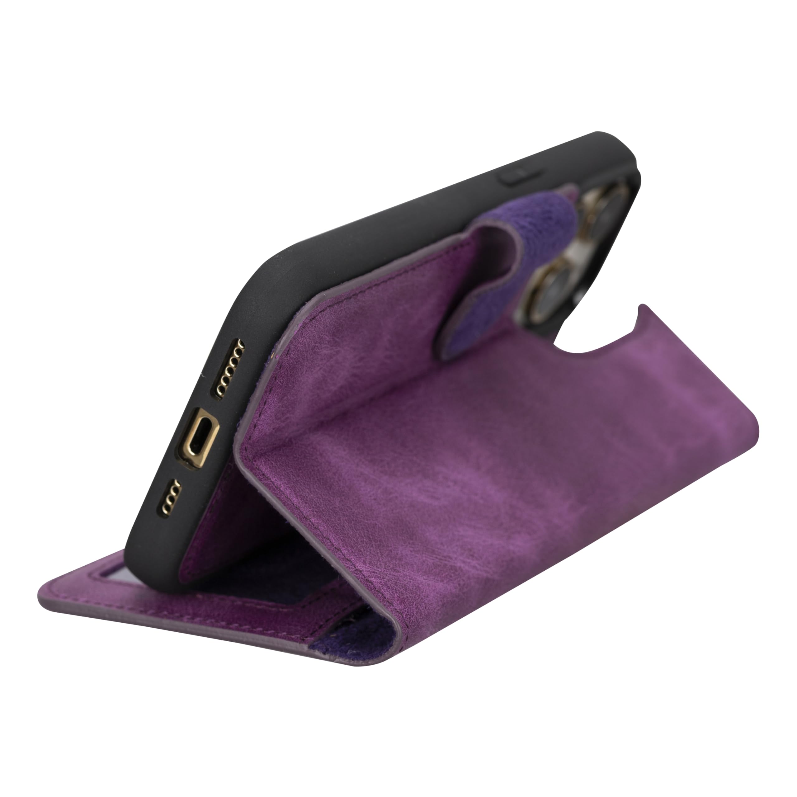 HARDISTON Genuine Leather Handmade Wallet Case Compatible with iPhone 15 Pro Max - MagSafe Compatible - Detachable Magnetic Flip Cover with Card Holders - Horizontal Kickstand (Purple)