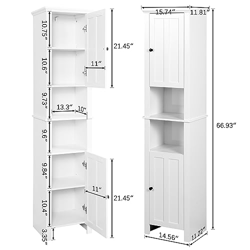 Unovivy Tall Bathroom Storage Cabinet Floor Standing Freestanding Linen Tower with 2 Doors & 6 Shelves, 15.7X 11.8X 66.9 Inches, for Living Room, Kitchen, Off-White