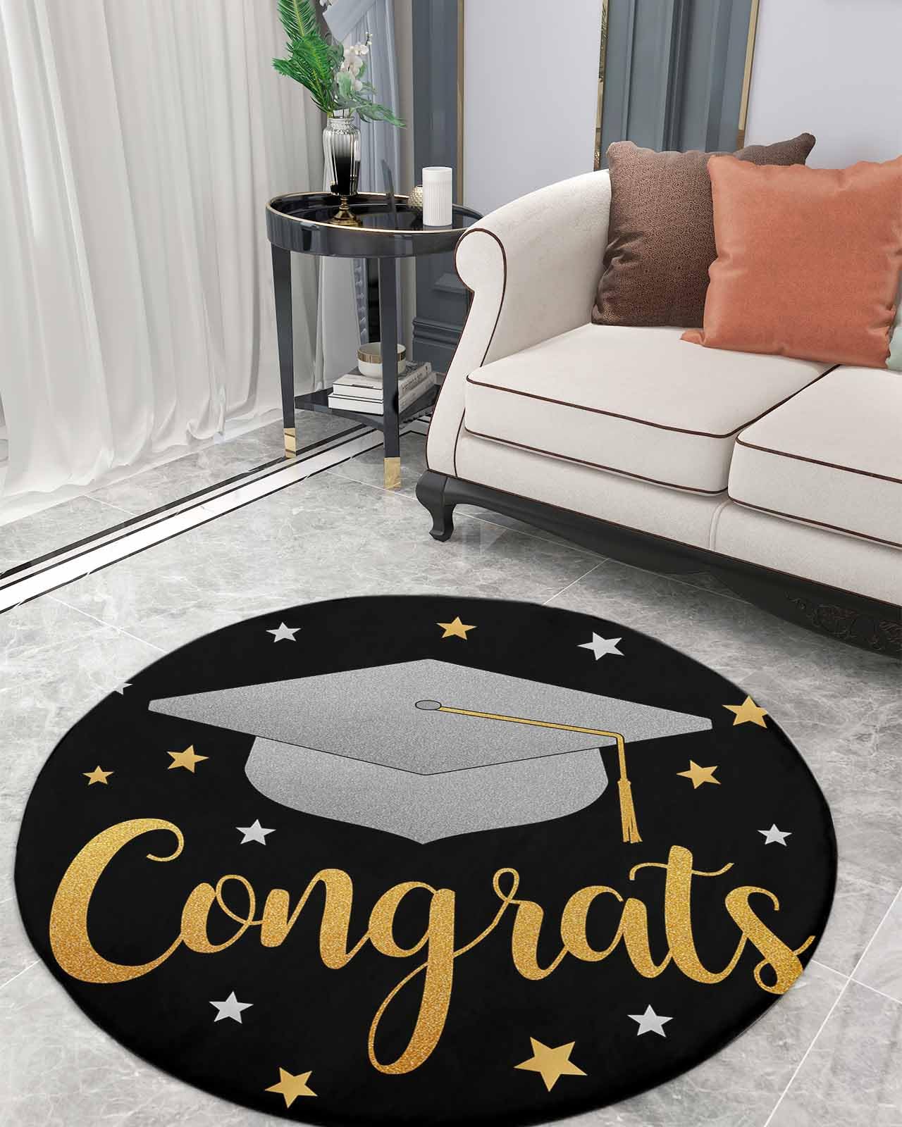Graduation Cap Fluffy Round Area Rug Carpets 3ft, Plush Shaggy Carpet Soft Circular Rugs, Non-Slip Fuzzy Accent Floor Mat for Living Room Bedroom Nursery Home Decor Star Black Gold Grey