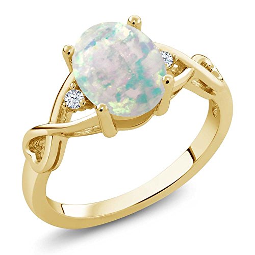 Gem Stone King 18K Yellow Gold Plated Silver Cabochon White Simulated Opal Ring For Women (0.69 Cttw, Available In Size 5, 6, 7, 8, 9)