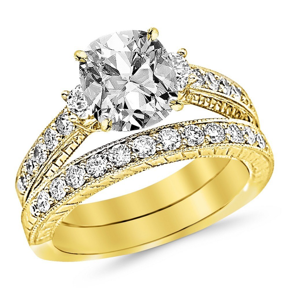 Houston Diamond District 14K Yellow Gold 3 Carat Lab Grown Three Stone Vintage Milgrain & Filigree Bridal Set, Wedding Band & Cushion Cut Diamond Engagement Ring (D-E Color VS1-VS2 2 Ct Center), 7