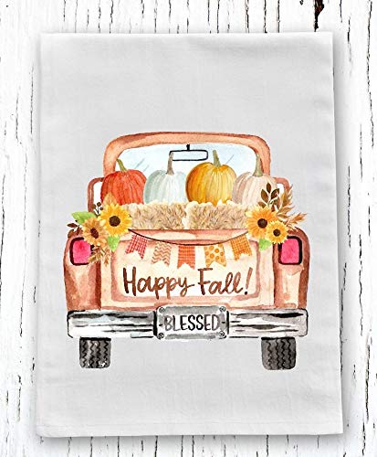 Kitchen Dish Towel - Happy Fall Flour Sack Towel - Vintage Truck with Pumpkins Dish Towel