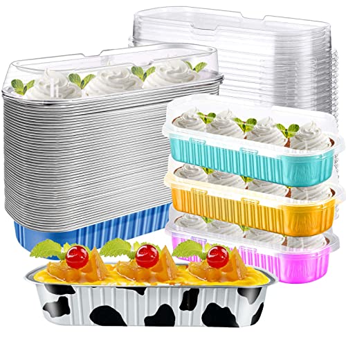 JOYKLE Mini Cake Pans with Lids,50 Pack Mini Loaf Baking Pans and Lids Covers,Aluminum Foil Long Baking Cups,Disposable Foil Cupcake Liners for Brownie Cake Bread Loaf Muffin (Multi)