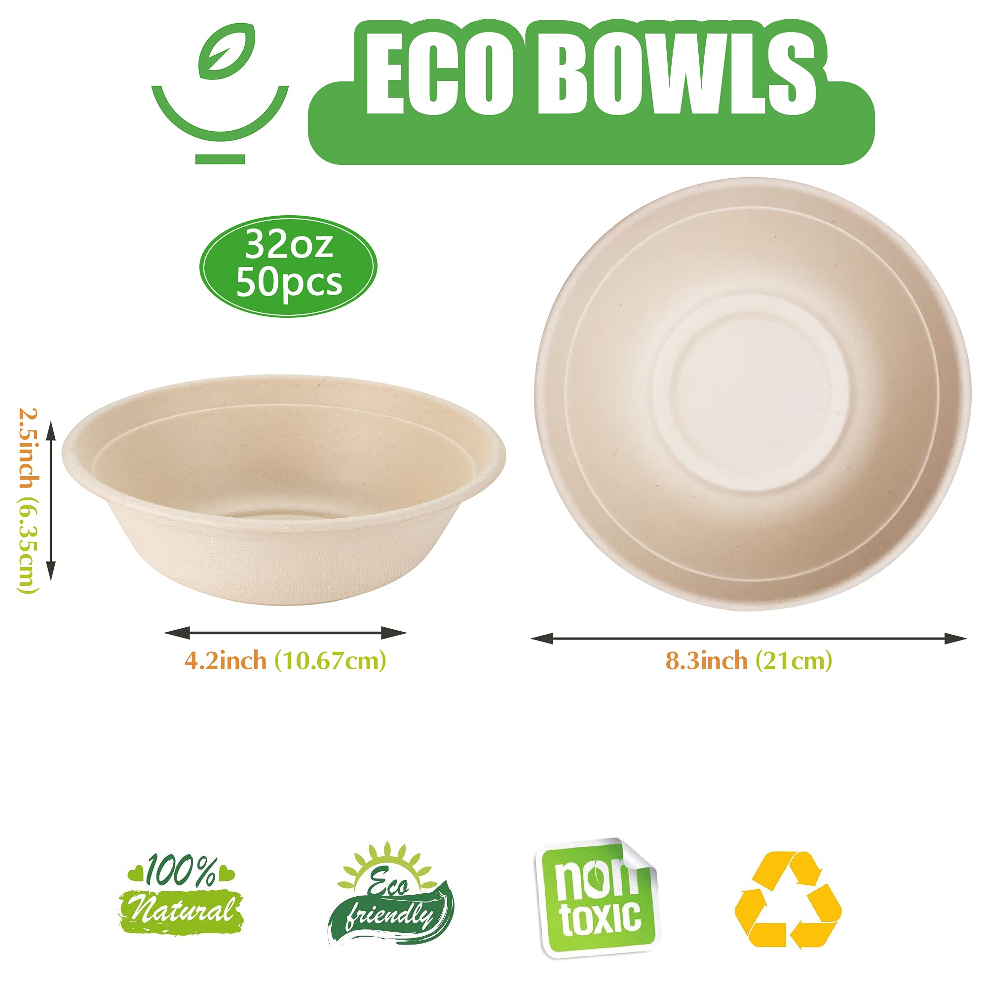 Green Tree Products Disposable Paper Bowls, 32 Oz [50 Pack] Large Bowl-100% Compostable, Biodegradable, Eco-friendly - Convenient for Daily Use for Salad, Hot Soup, and Pasta