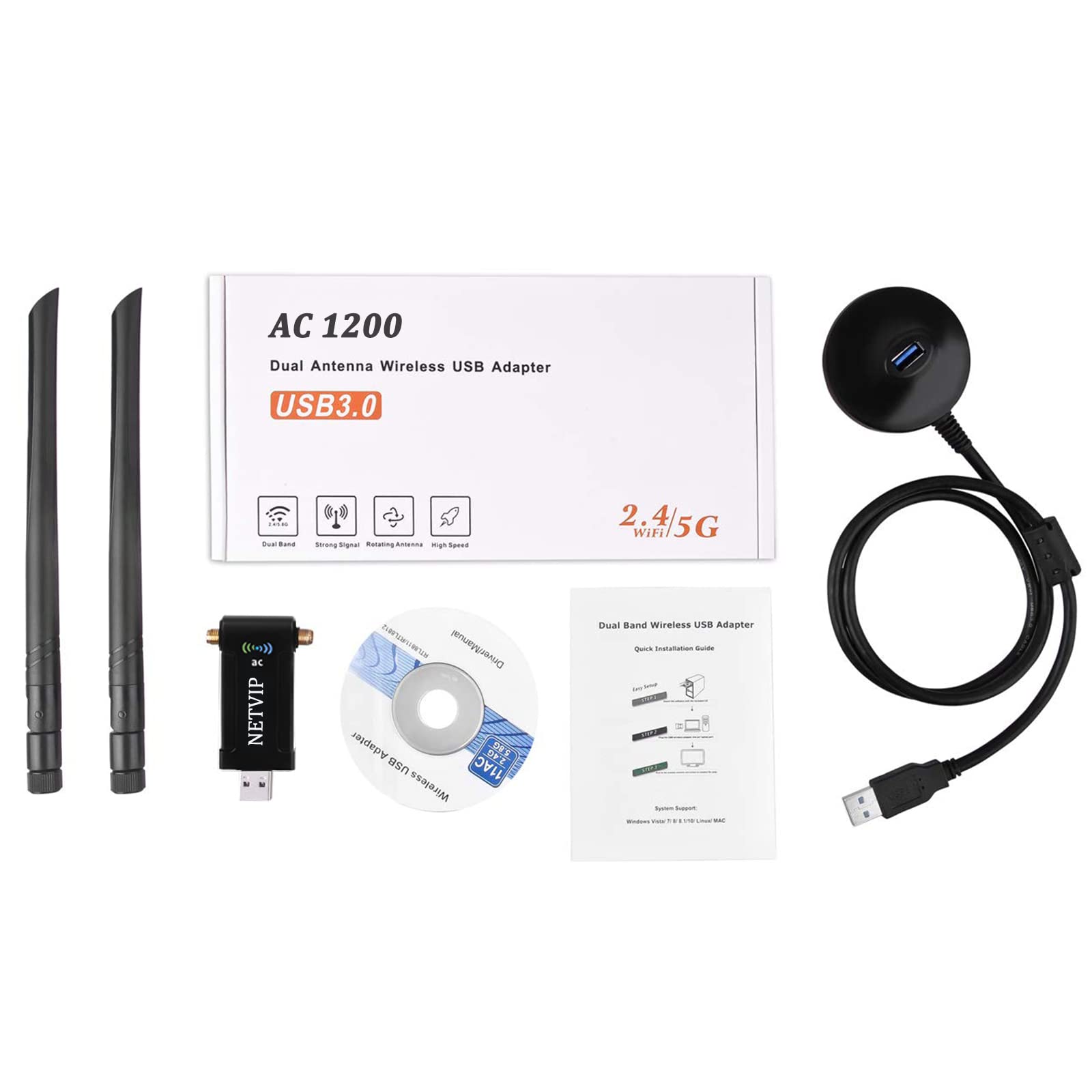 NETVIP USB WiFi Adapter for PC, 1200Mbps Wireless Network Adapter with 2 * 5dBi High Gain Antennas and USB 3.0 Cradle, Dual Band 2.4GHz 5GHz WiFi Dongle for Windows 11/10/7/8/8.1/XP/Mac OS 10.9-10.15