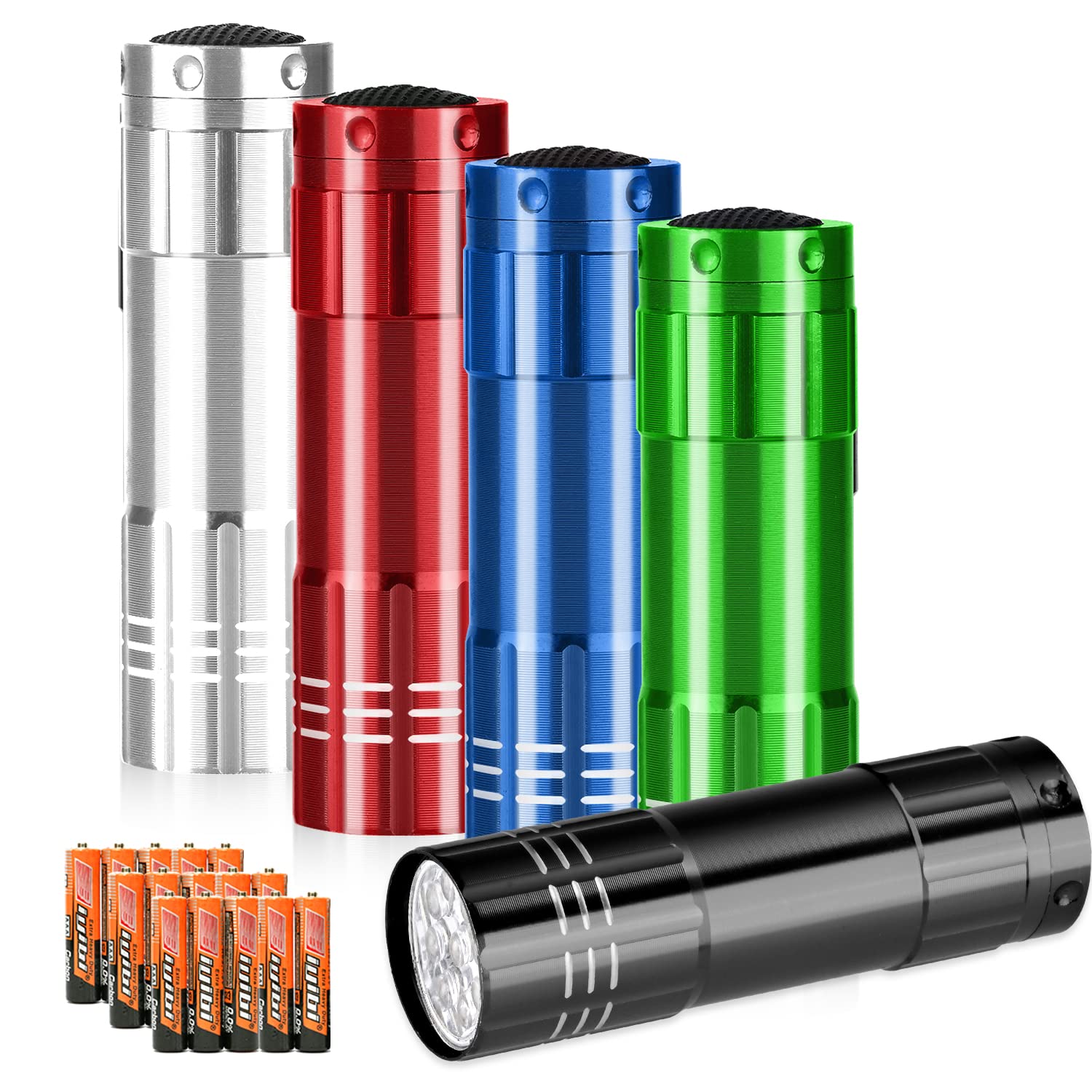 yikosam 5 Pack of Flashlights 9 LED Mini Aluminum Flashlight Bulk with Lanyard 15 AAA Batteries Included Assorted Colors Handheld Flashlights for Hurricane Supplies Camping, Night Reading, Cycling